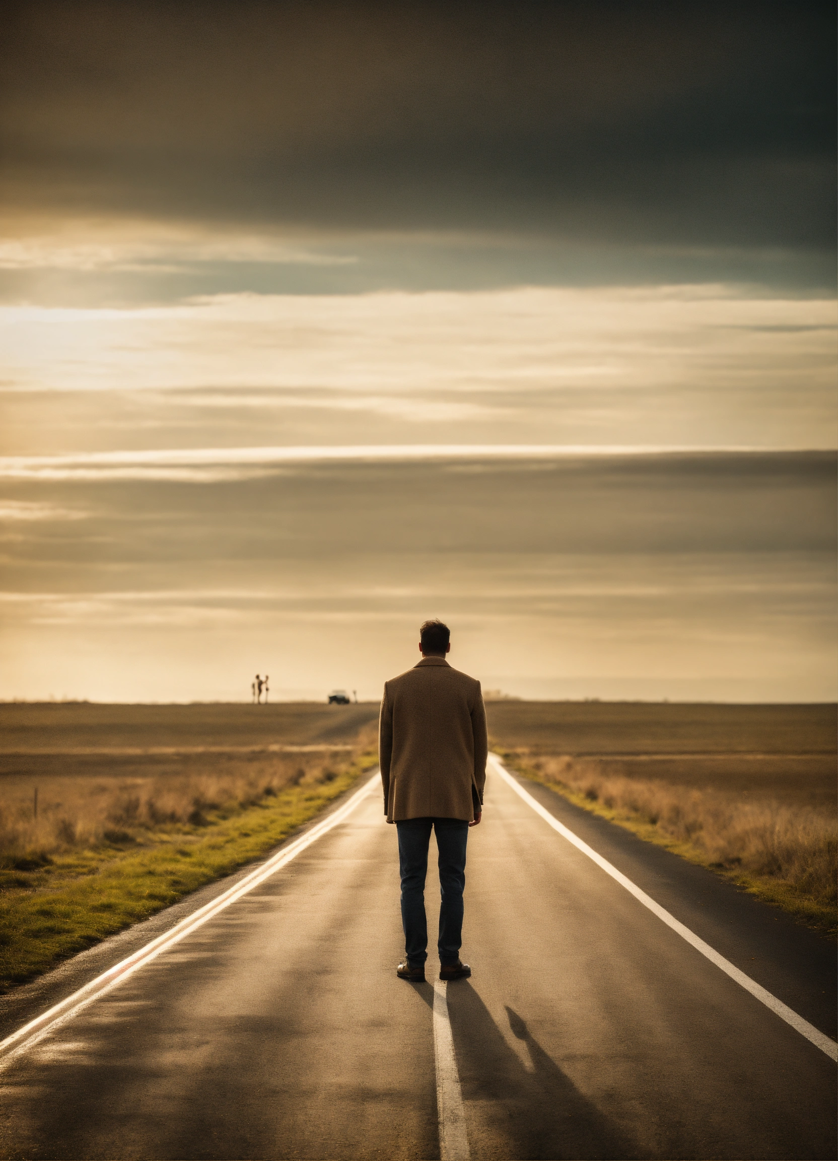 Lexica - The back of one man standing on the left side of an empty road ...