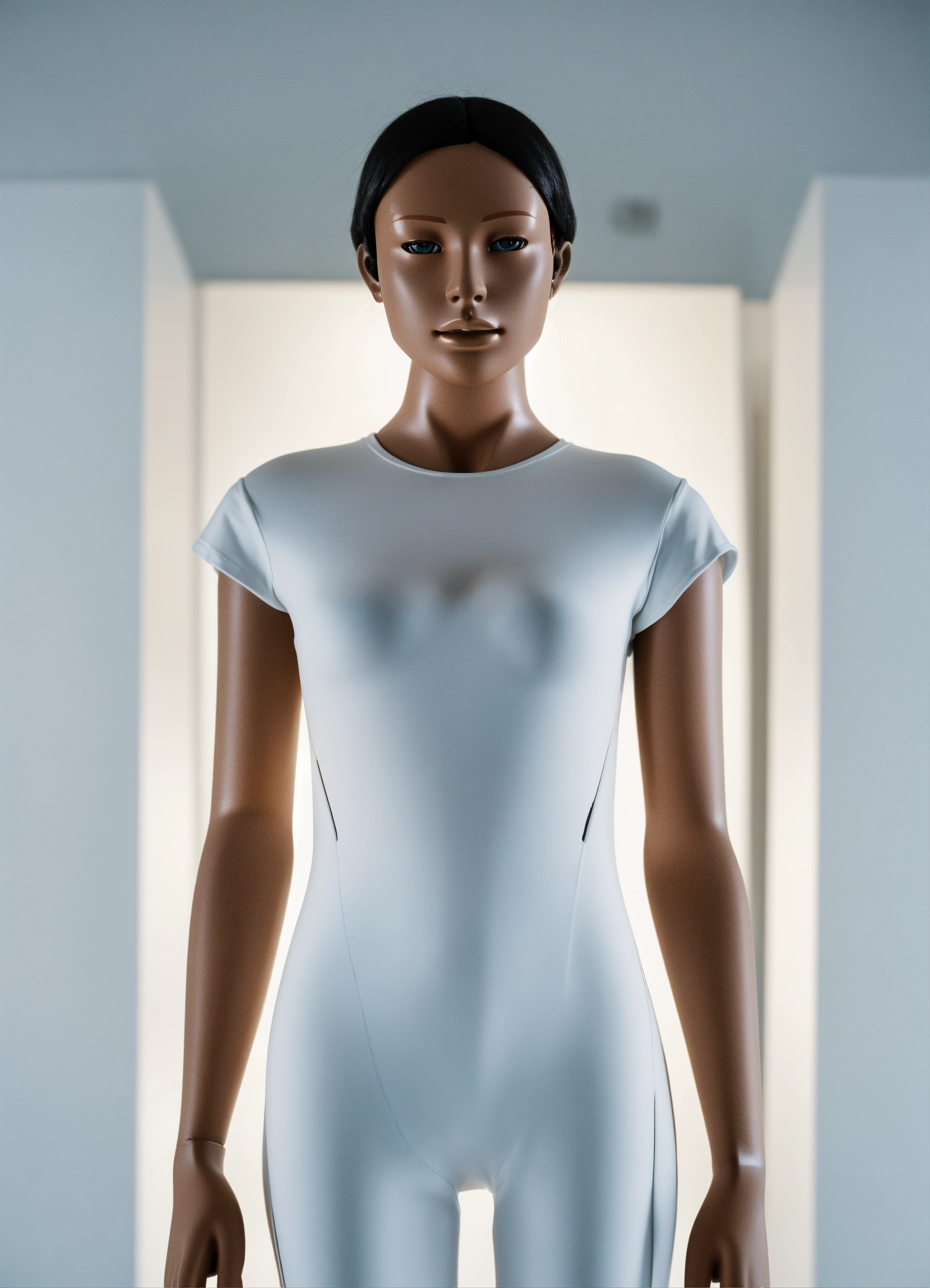 Lexica - A futuristic mannequin facing the camera in a white t shirt ...