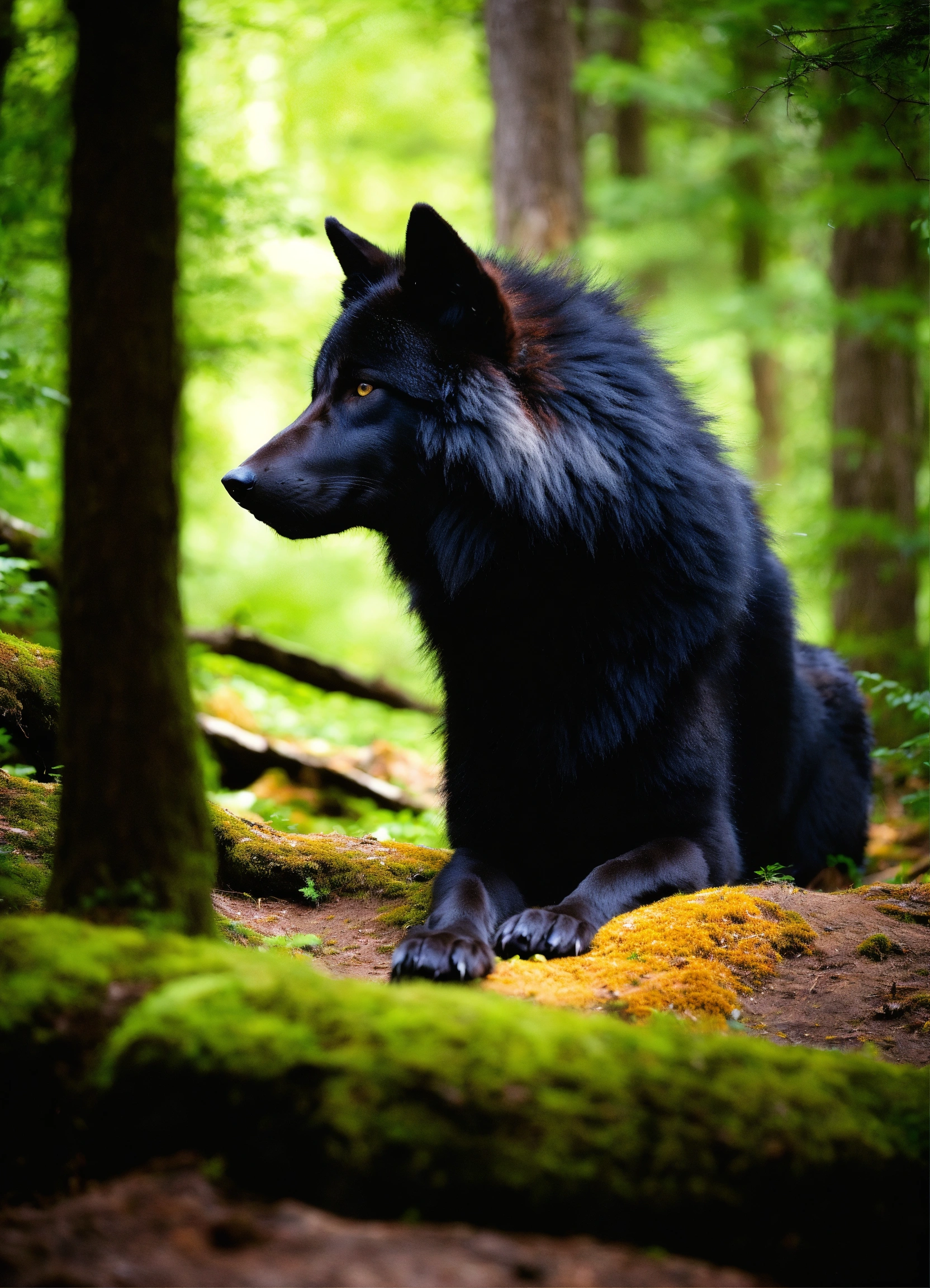 Lexica - Massive, black fur, wolf, in the woods