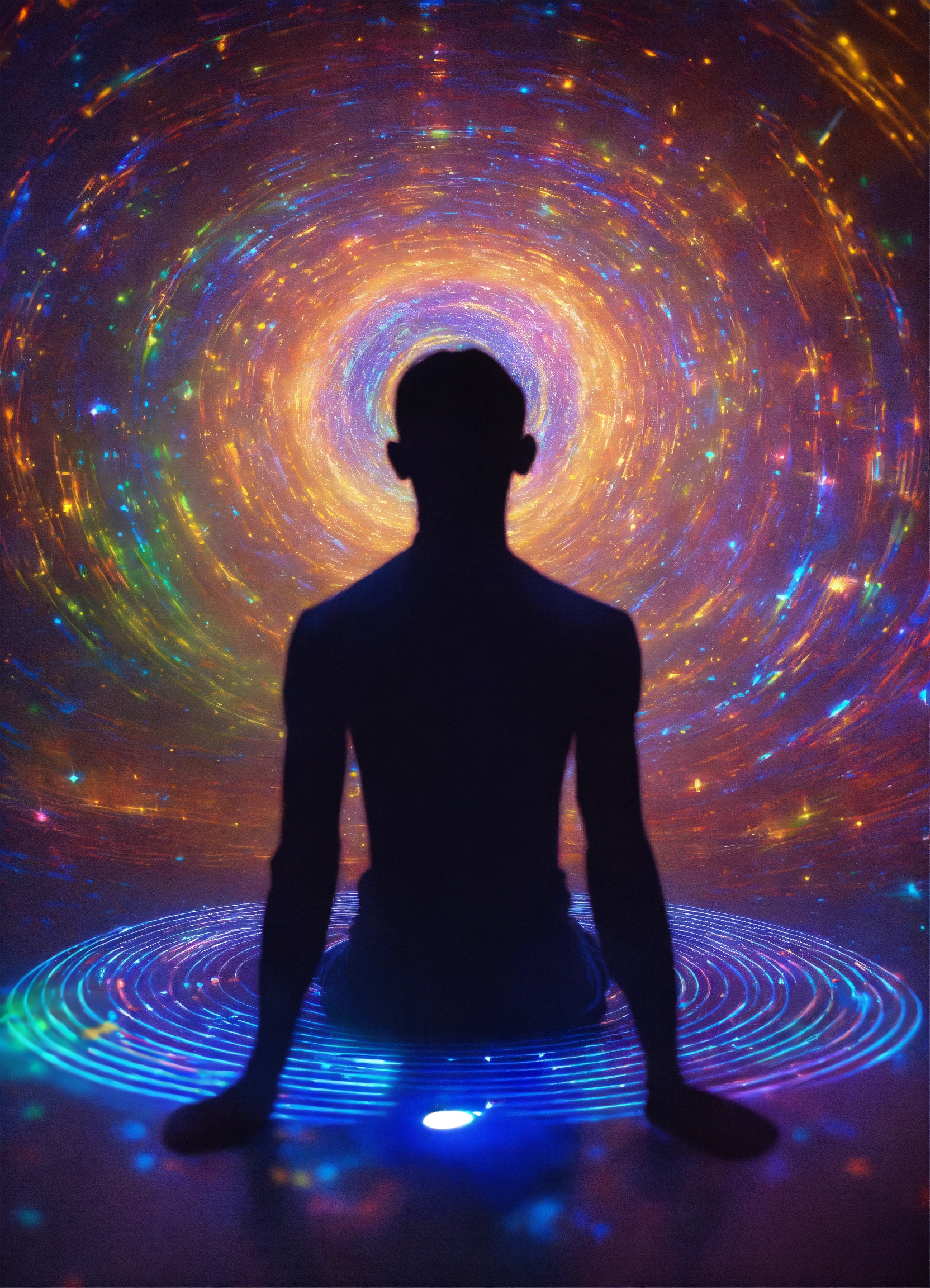 Lexica - Multicolor holographic human shadow in the middle of spiral cosmos