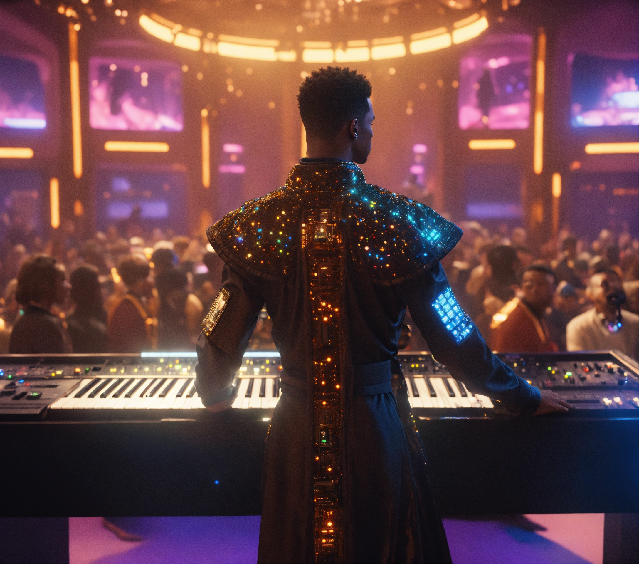 Lexica - Zoom out from a black male humanoid wearing a fancy space robe ...