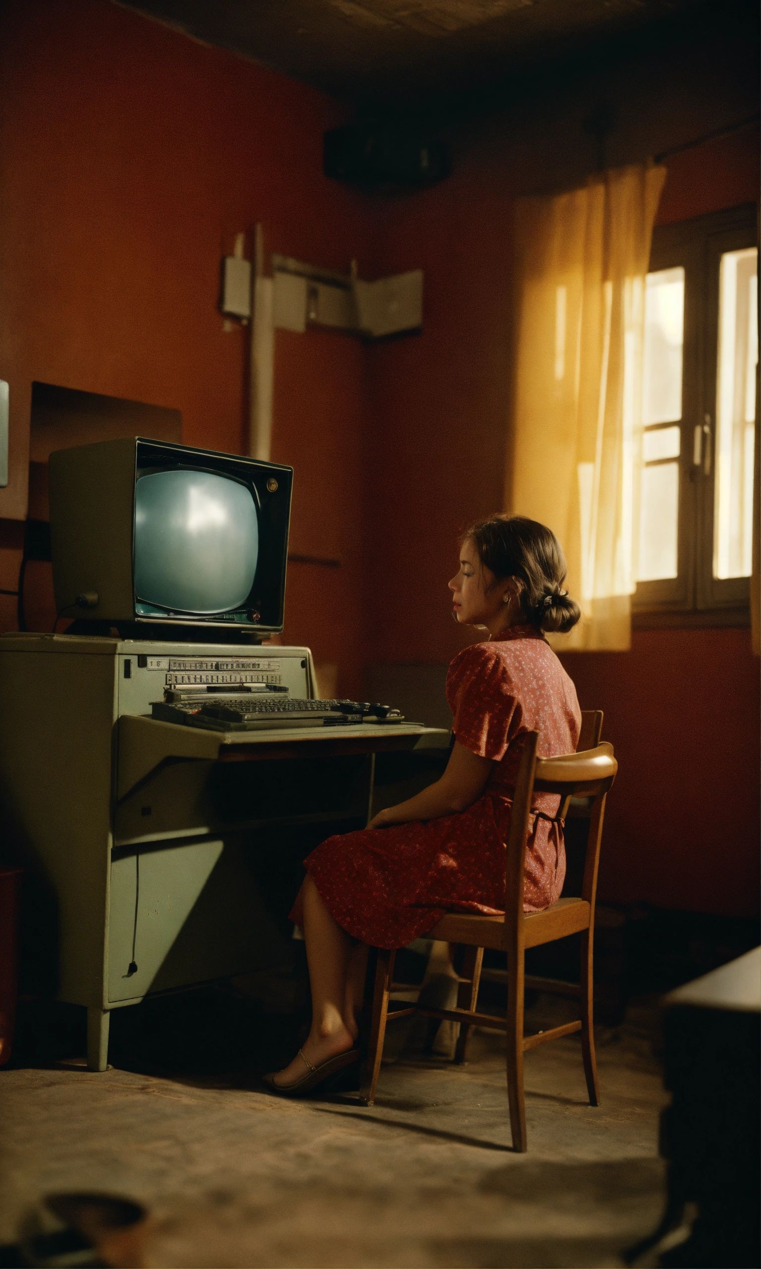 Lexica - A Soviet girl sitting in a chair in front of a soviet computer ...