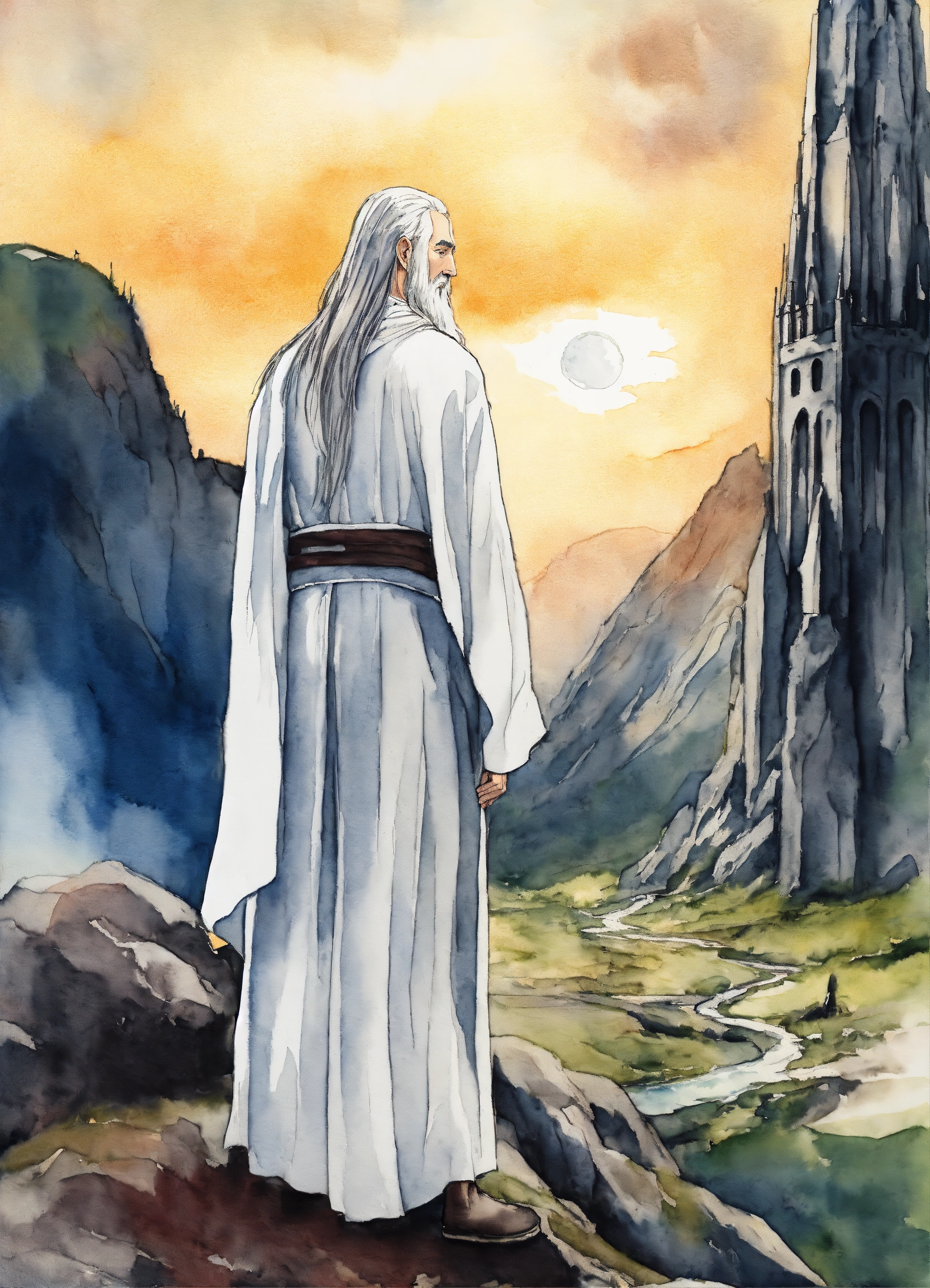 Lexica - Saruman from LOTR with white robes in Vagabond Manga drawing ...