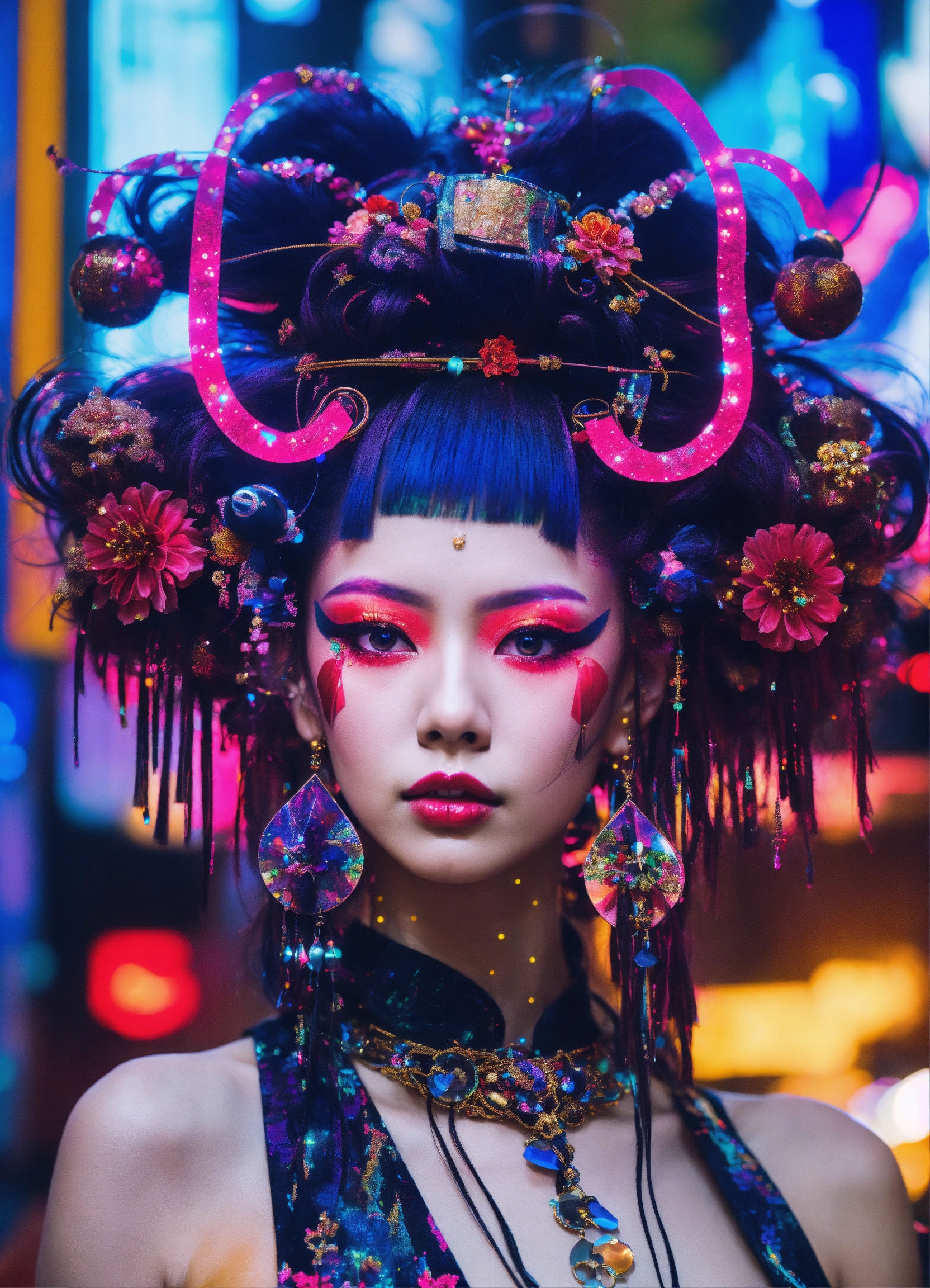 Lexica - "cyberpunk oiran", huge hair, magic, glitter, neon lights,