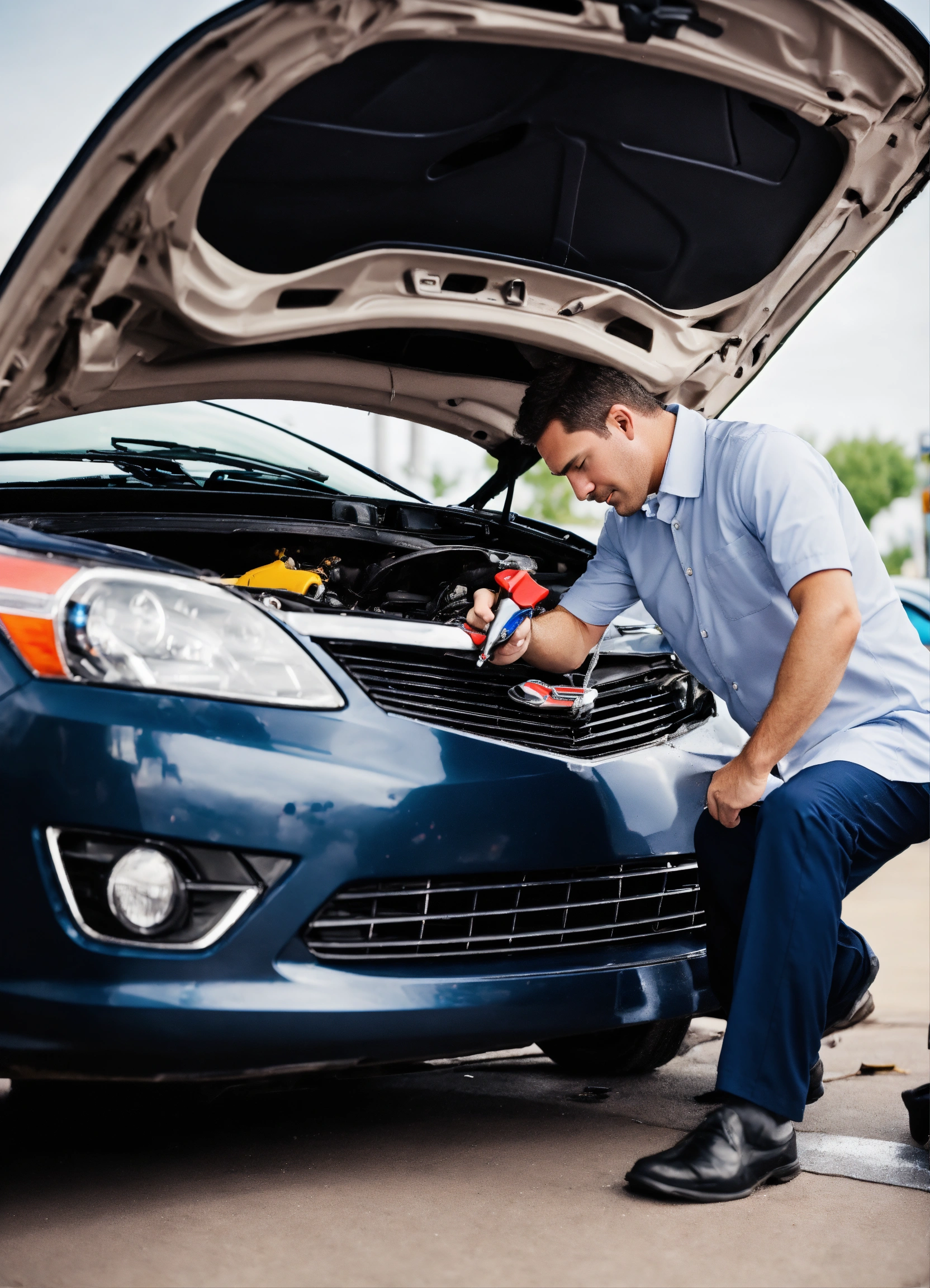 Lexica - Car dealership guy helping fix a broken car