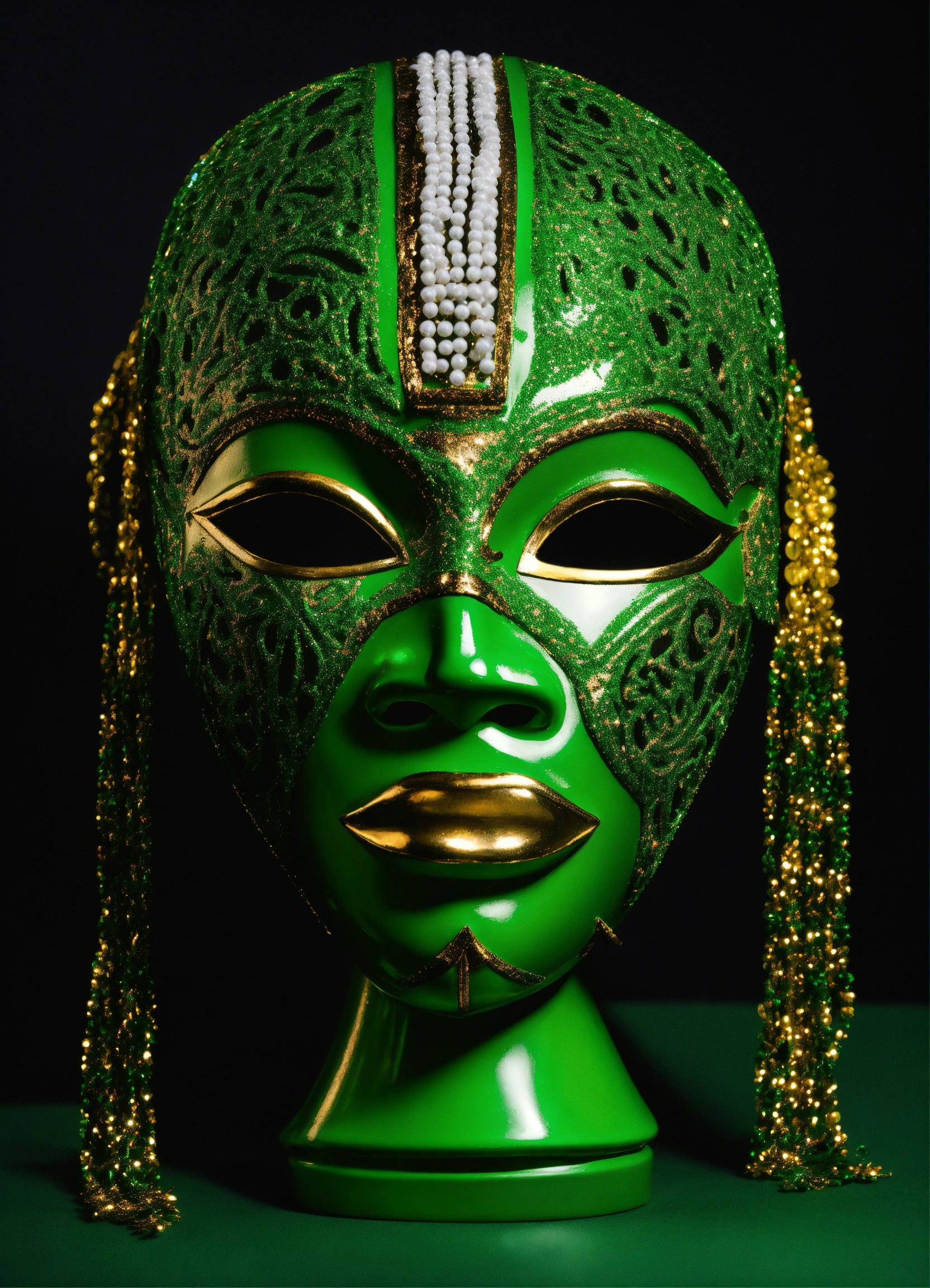Lexica - Hyper realistic green opaque sparkling African mask with black ...