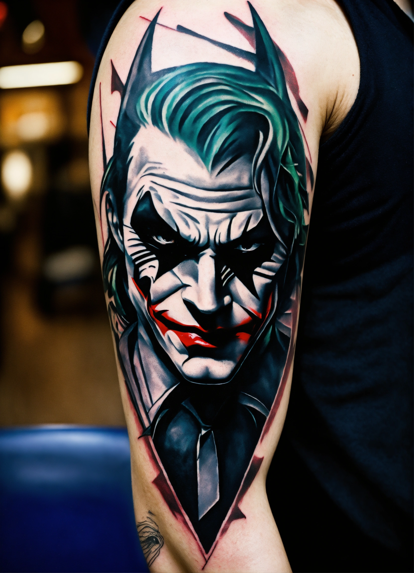 Lexica - Black grey Batman joker abstract arm tattoo