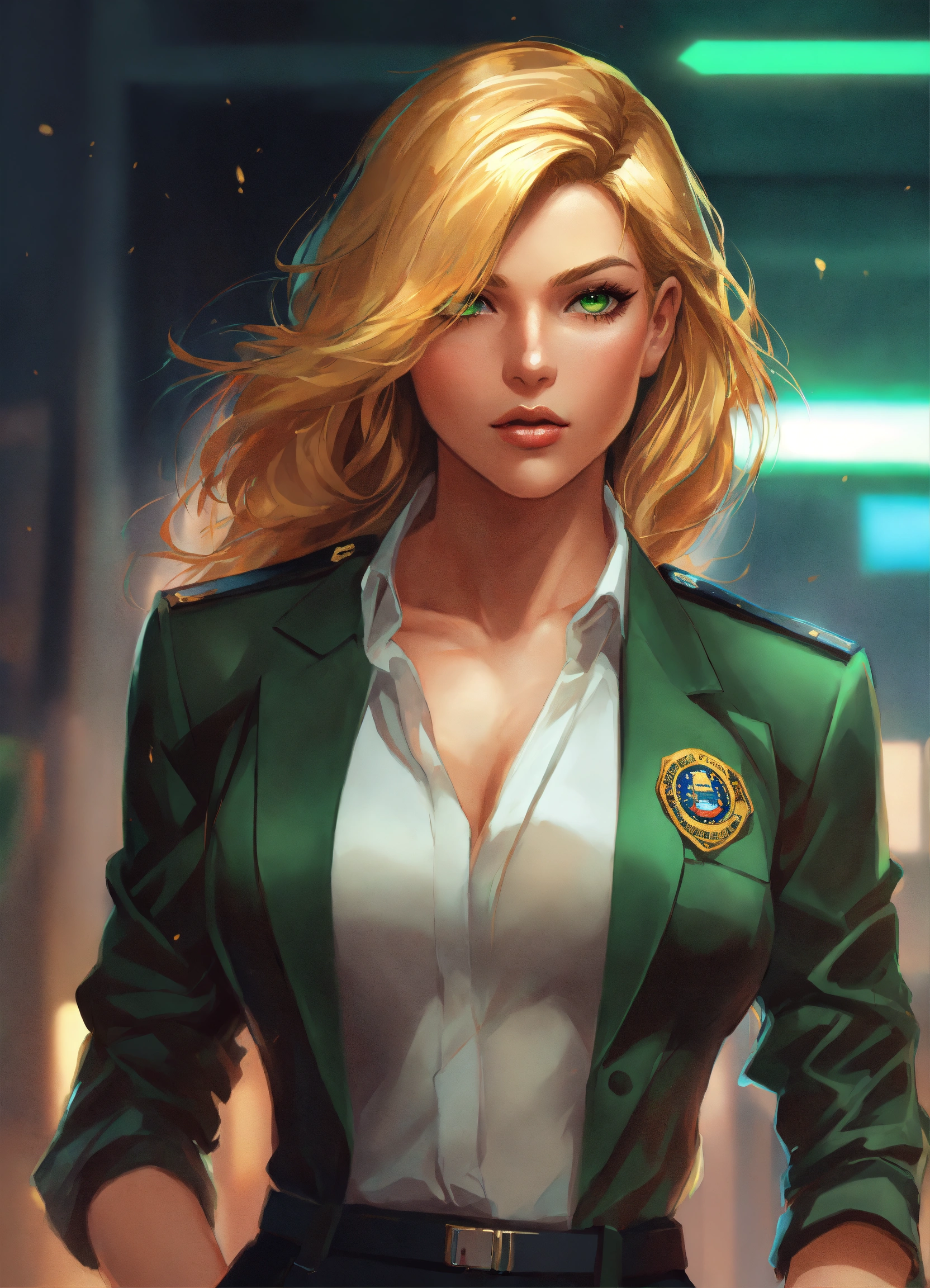 Lexica - Illustration of female fbi agent, green eyes, golden hair ...
