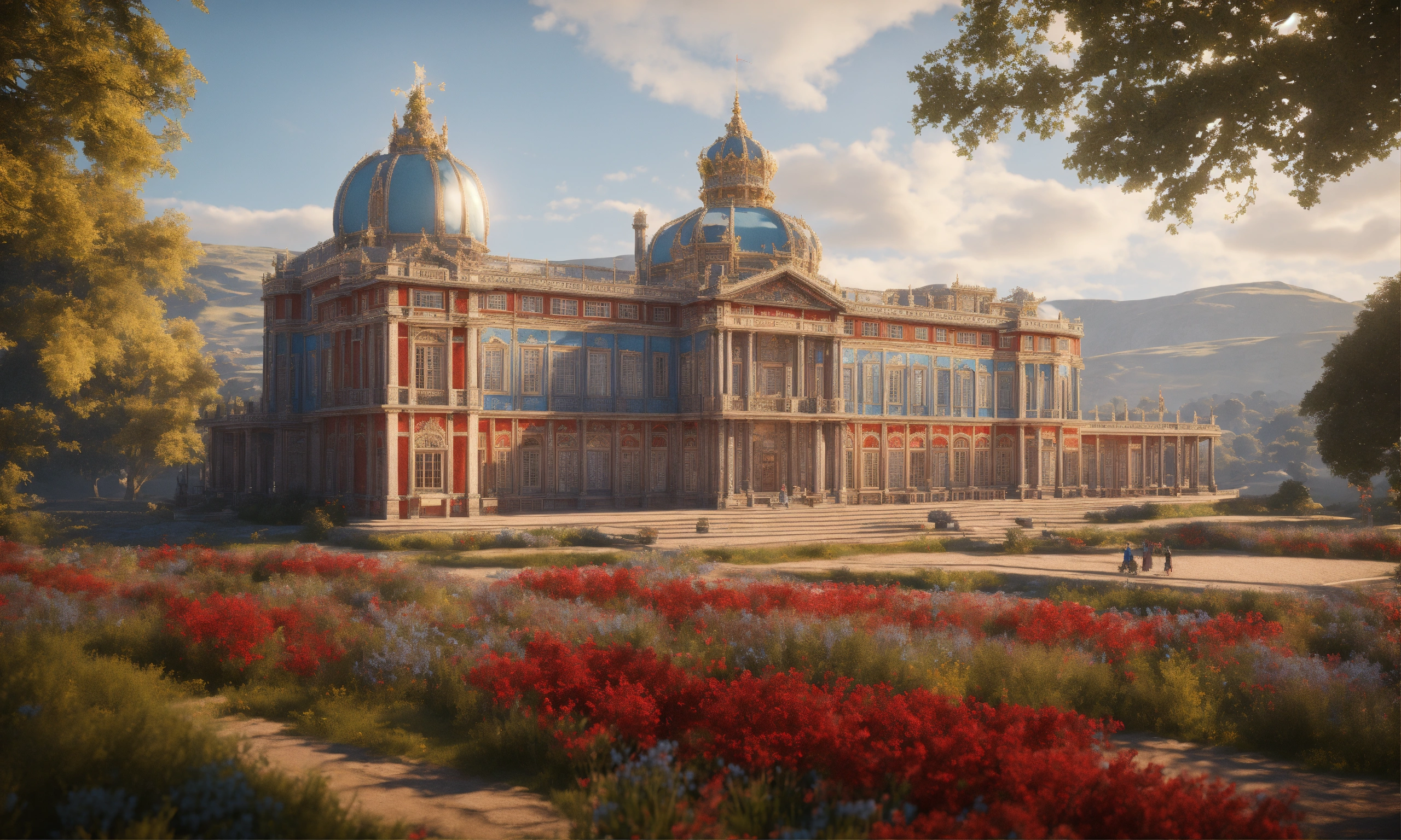 Lexica - Full image of a massive palace with light blue and red designs ...