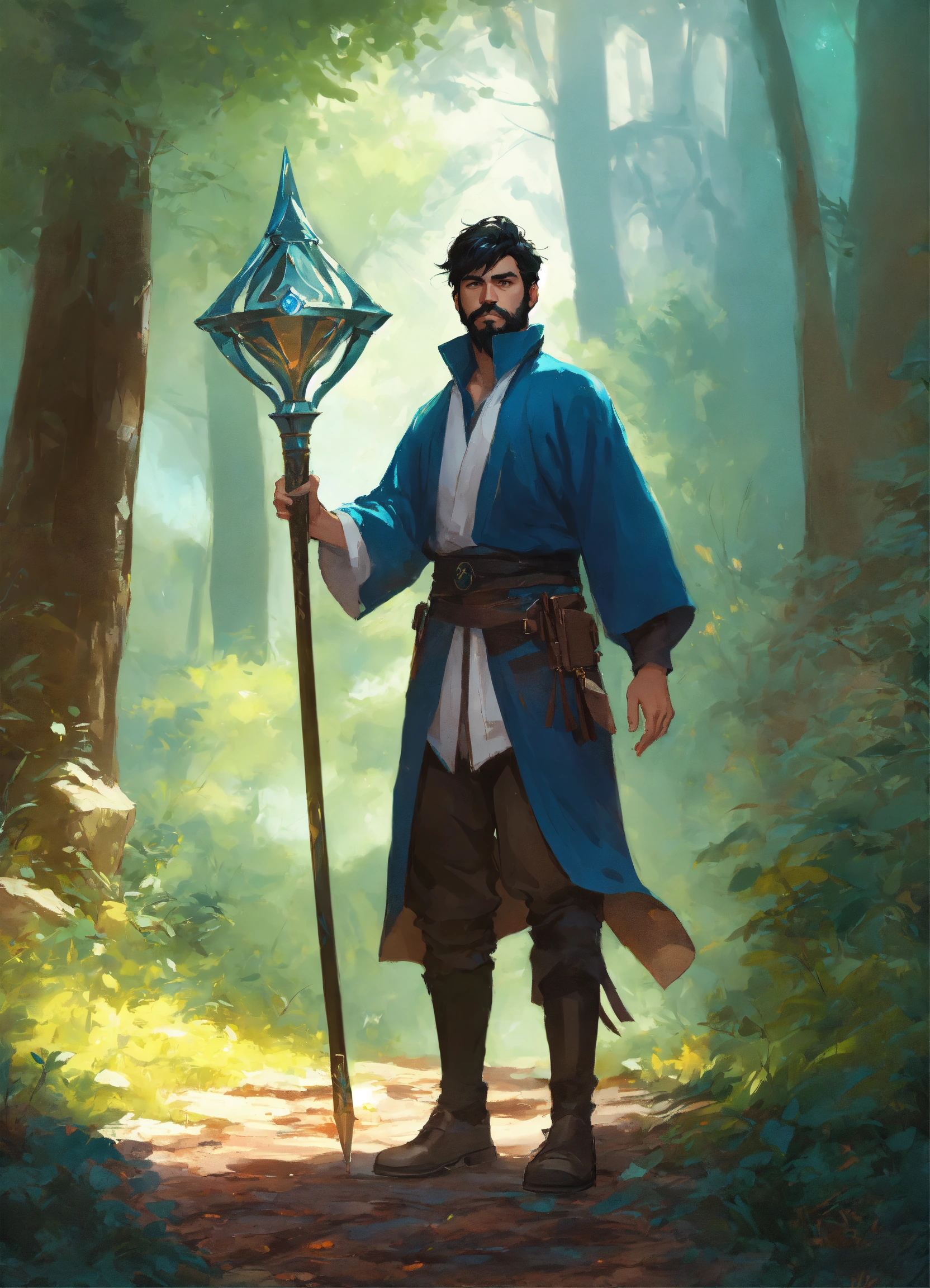 Lexica - A man, mage, in a pastel landscape woods, with short black ...
