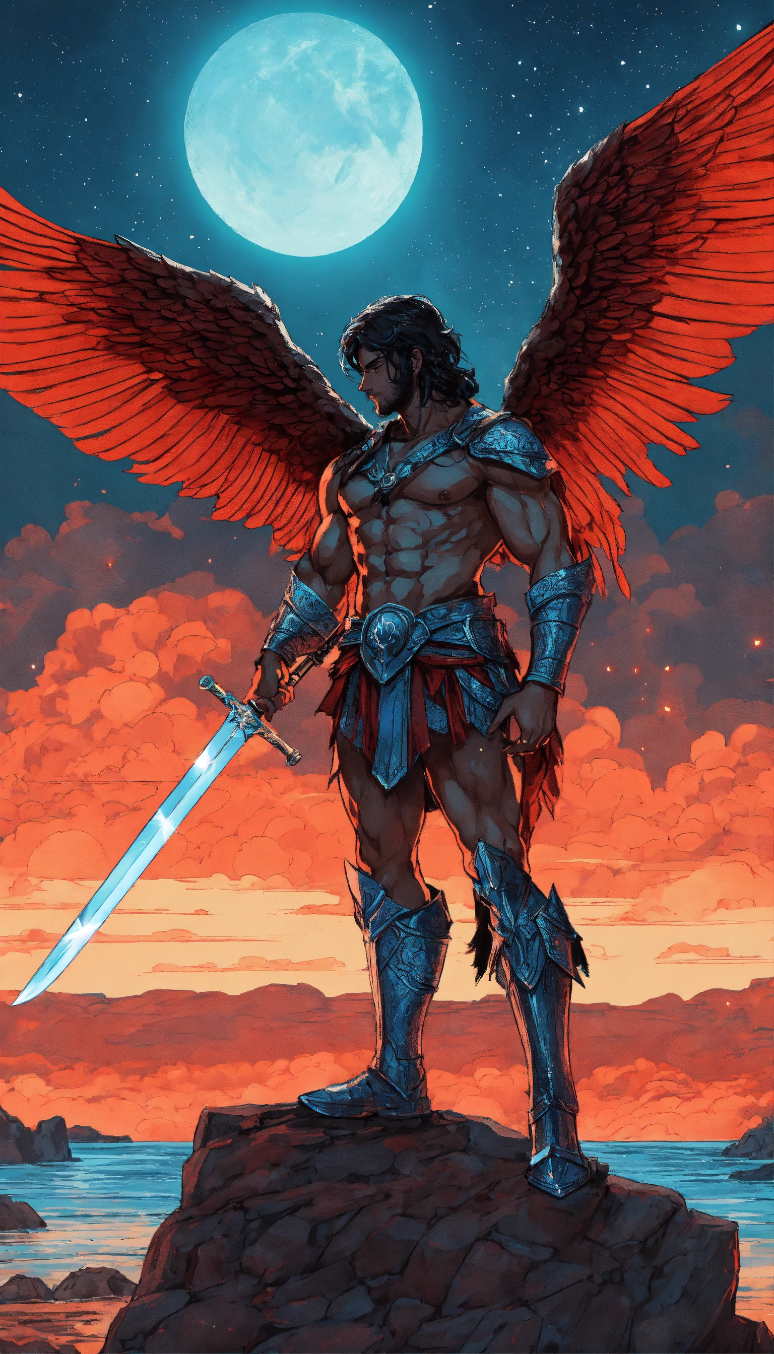 Lexica - Drawing of a mythical creature with muscles, wide wings, sword ...