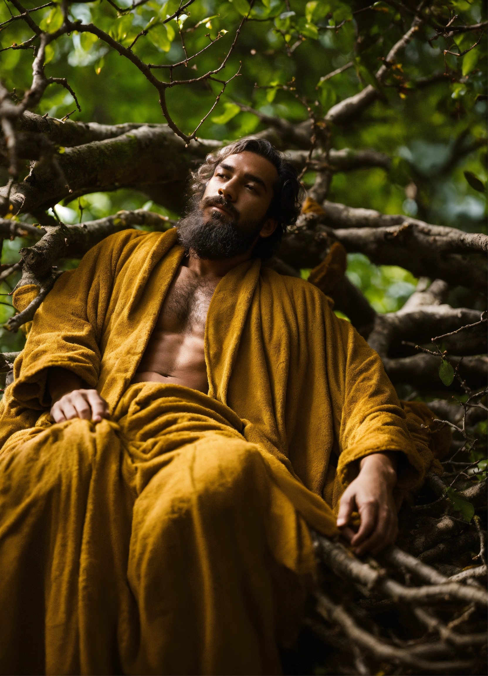 Lexica - A man, in dirty robes, laying on branches as a bed