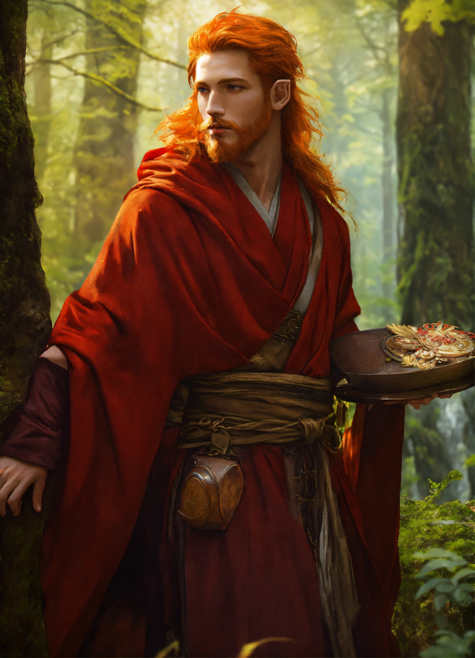 Lexica - Red headed elf monk in robes with Stalf in a forest
