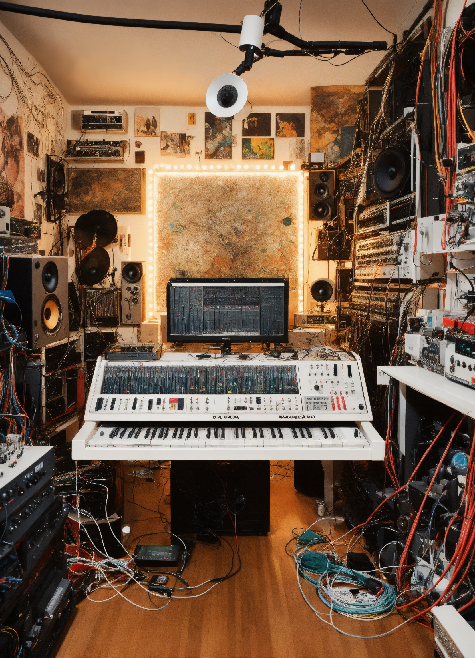 Lexica - Close up photography, a large white music studio full of ...