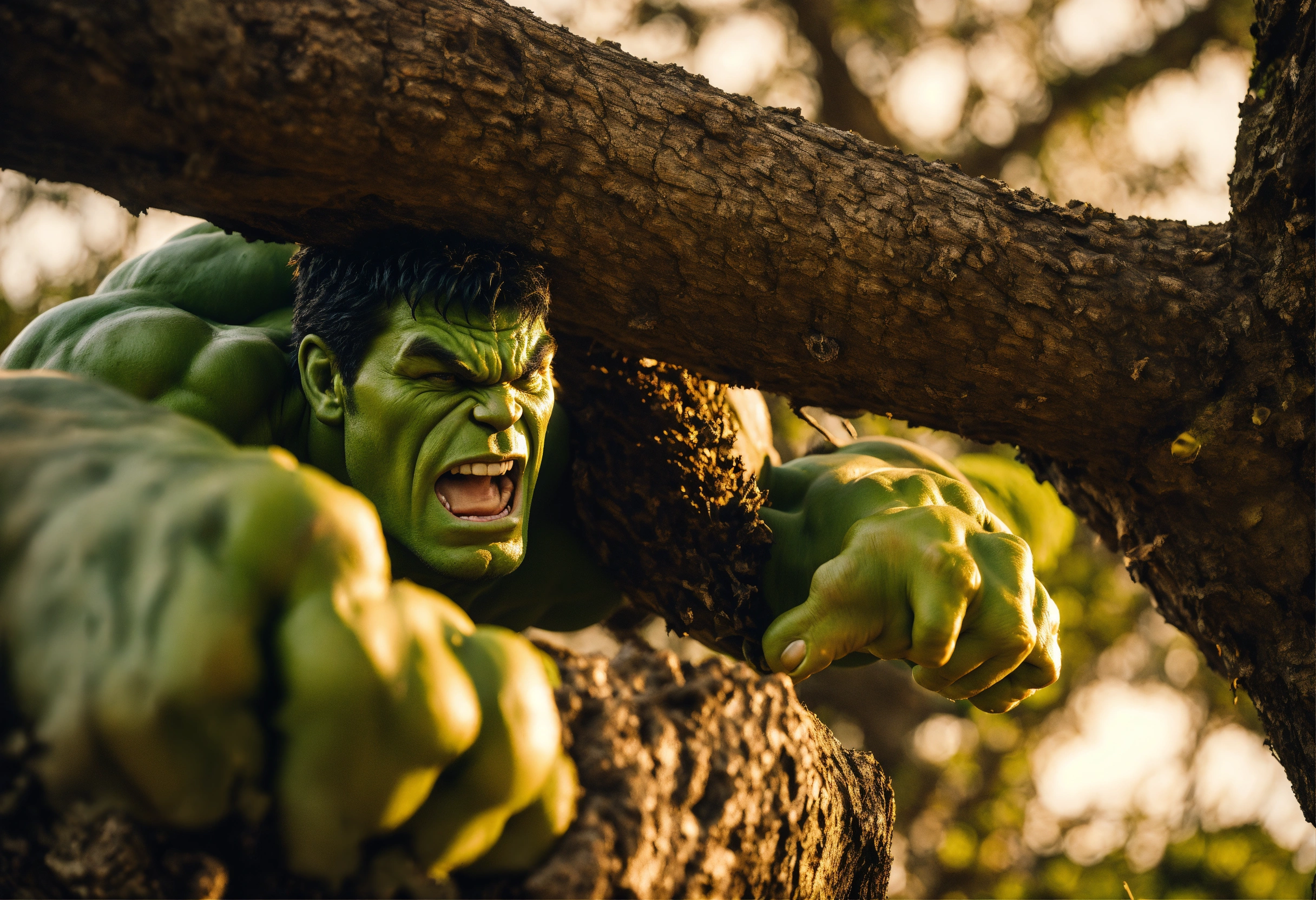 Lexica - The Hulk climbing the tree but getting stuck himself