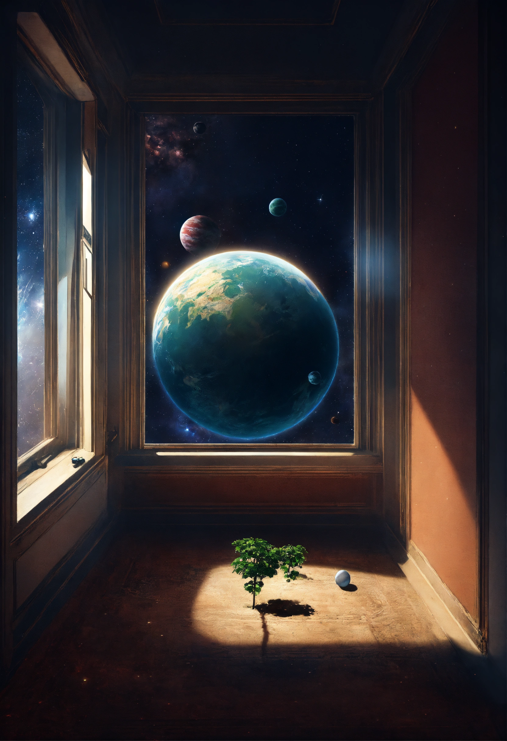 Lexica - View from above, an empty room in space, planets, life, a ...