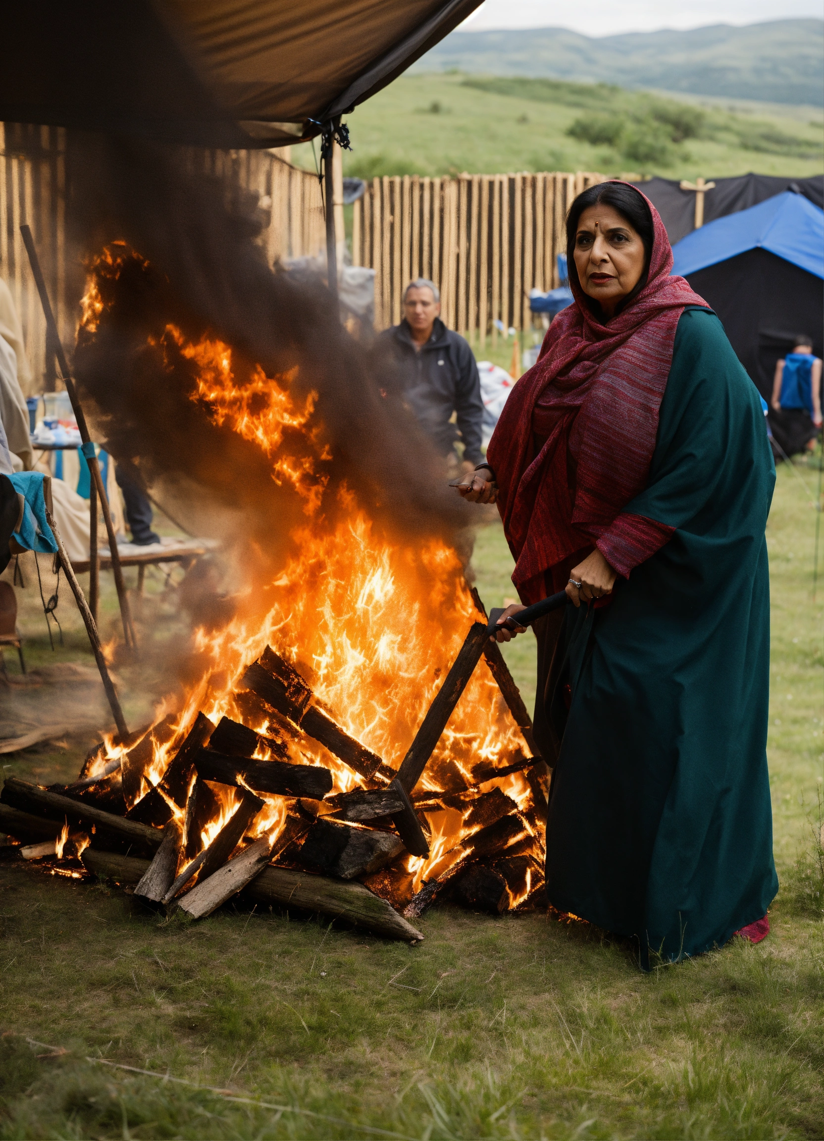 Lexica - Evil Suella Braverman burning a tent