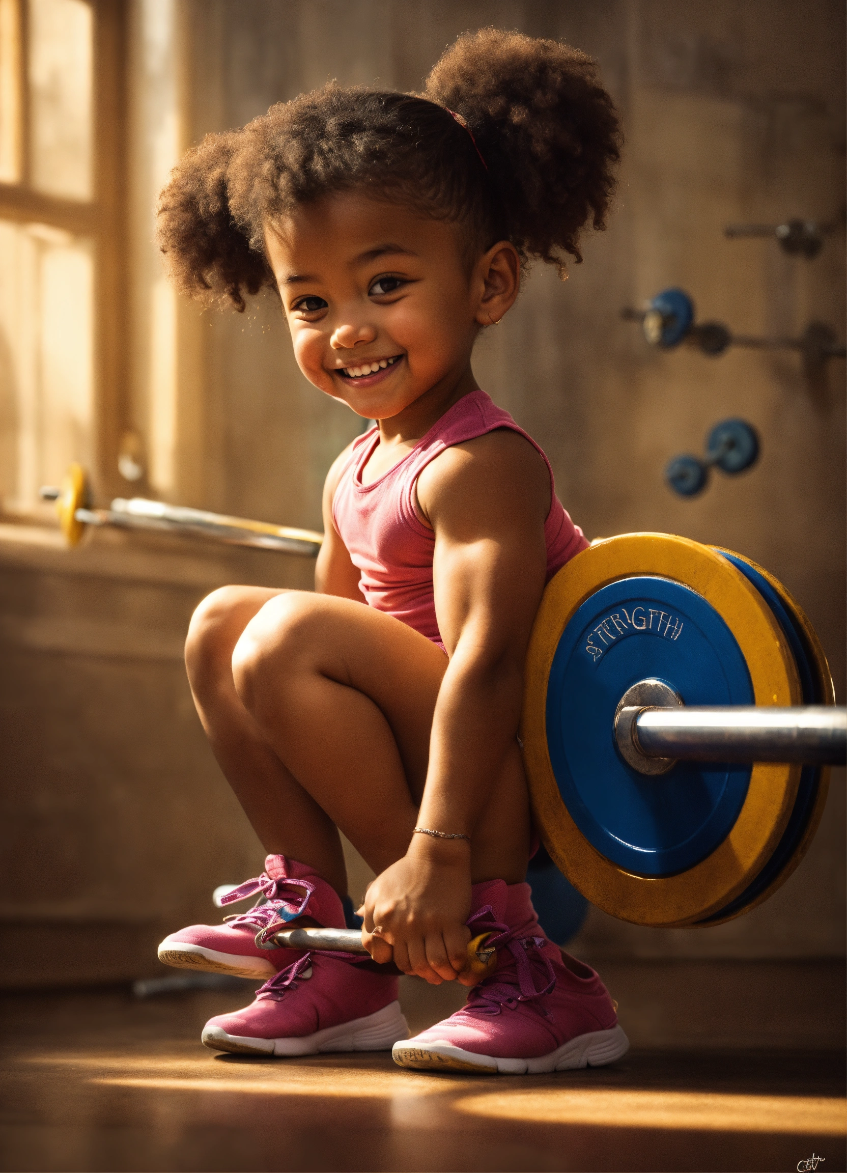 Lexica - "Strength and Love" The child is smiling while lifting weights ...