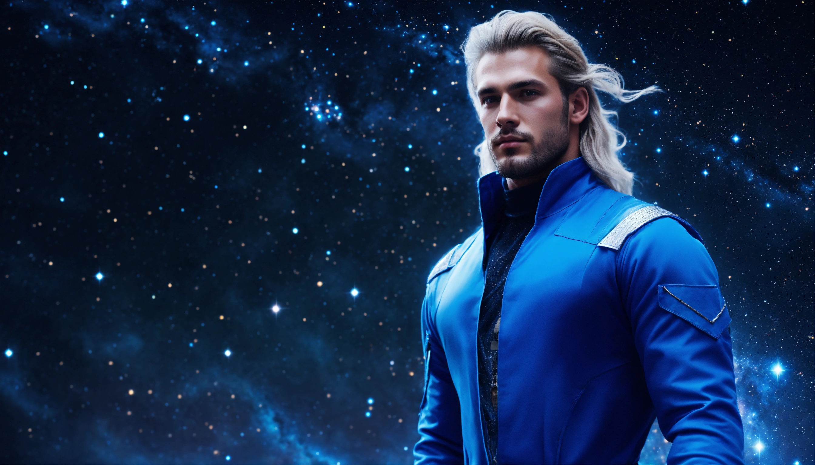 Lexica - Handsome galactic man in blue jumpsuit, long light hair+starry sky