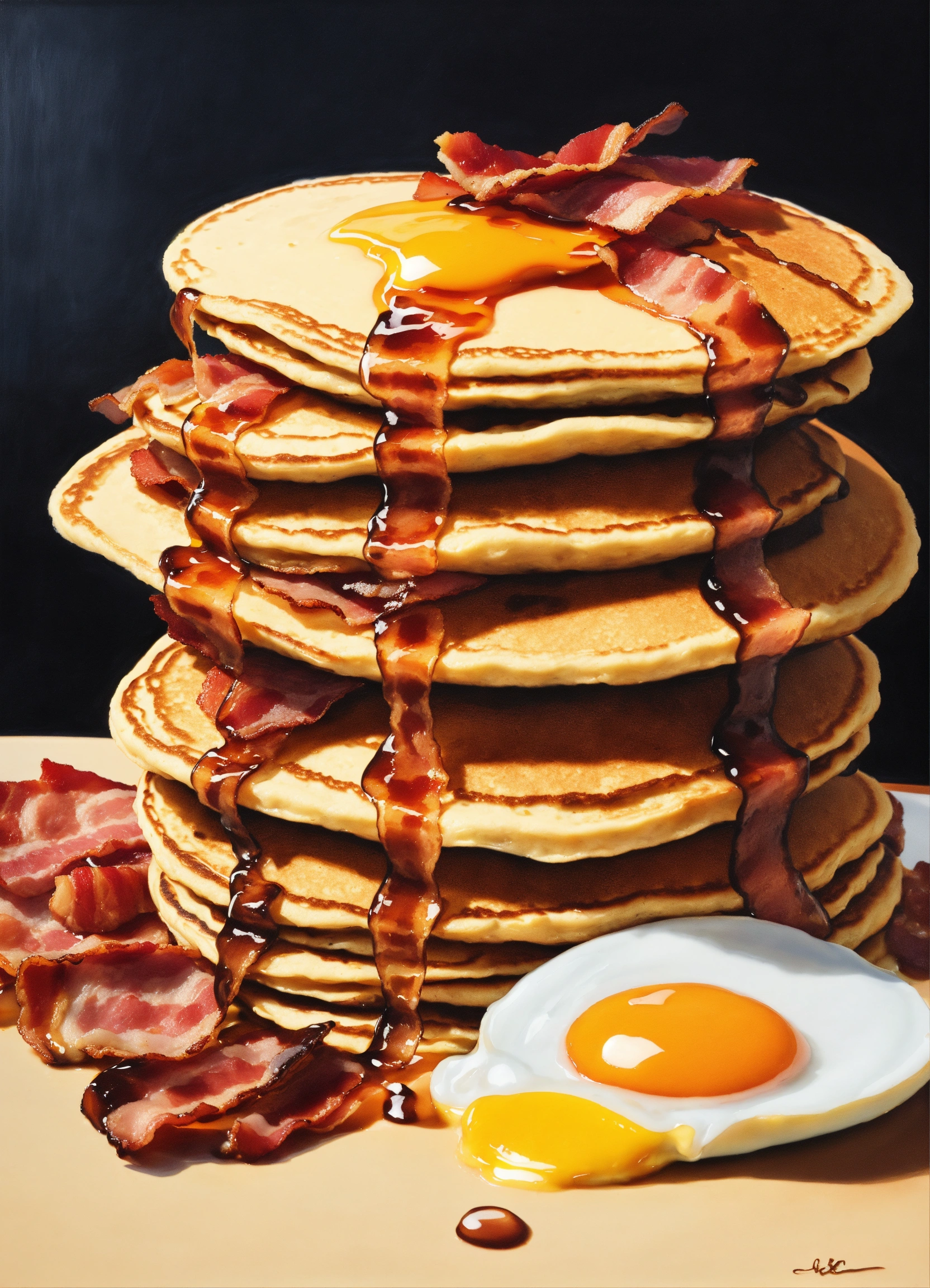 Lexica - A realistic painting of a stack of pancakes, bacon, eggs with ...