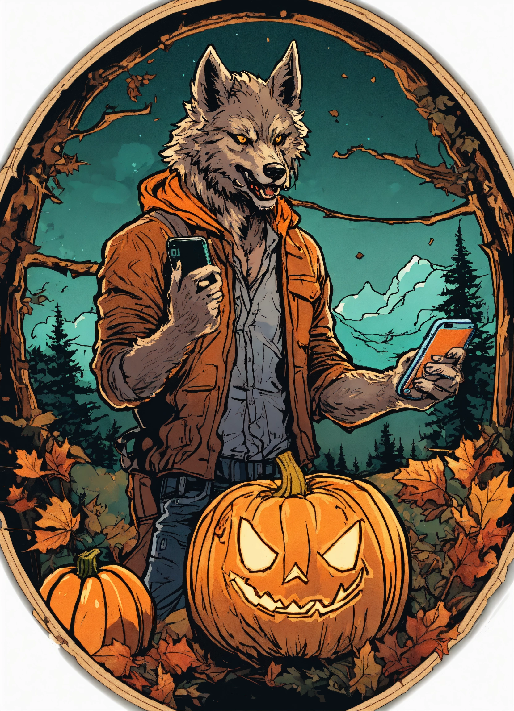 Lexica - OVAL sticker ART, outline art, white background, a werewolf ...