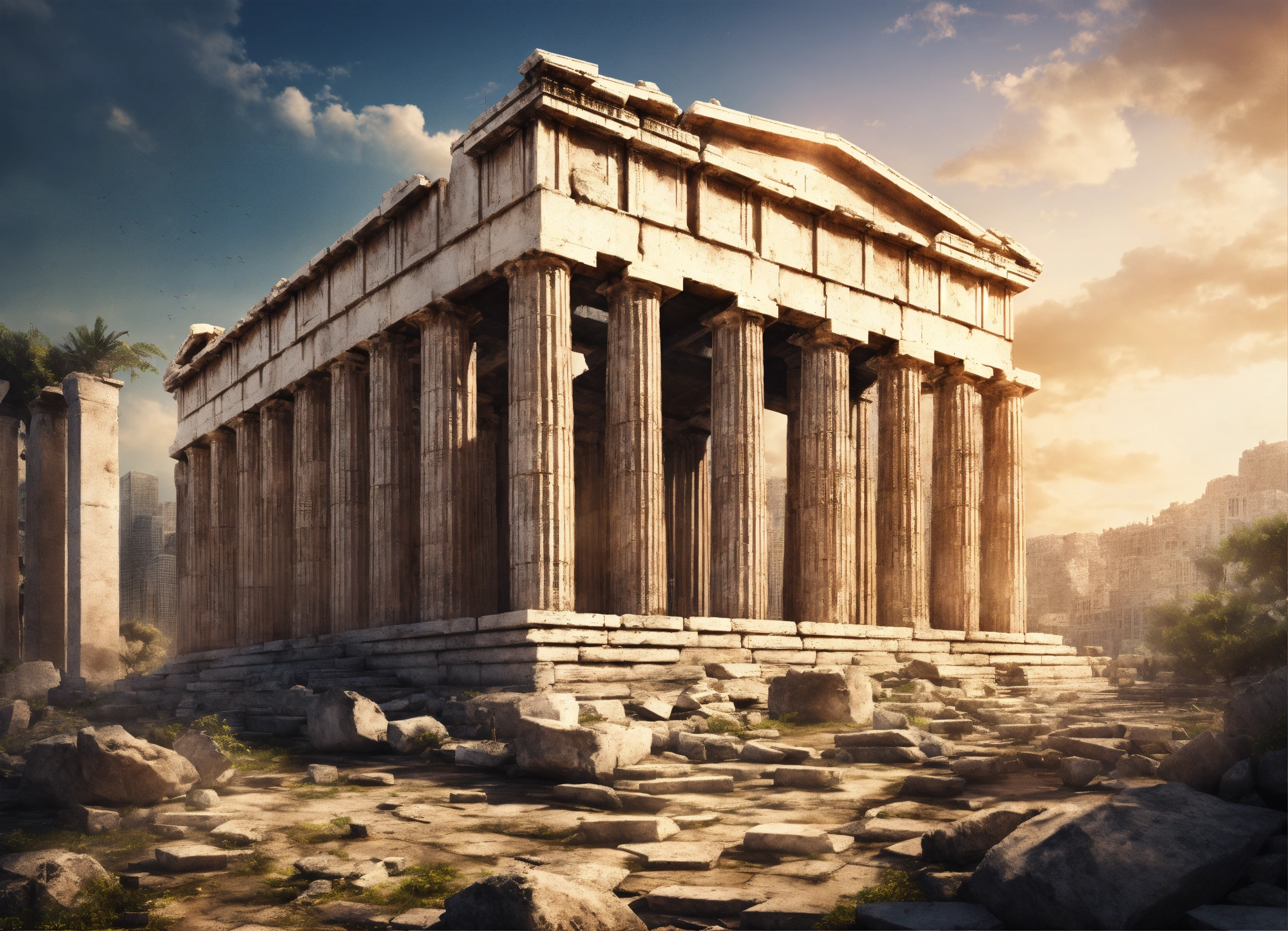Lexica - Greek temple in ruin in the middle of a skyscrapers, realistic ...