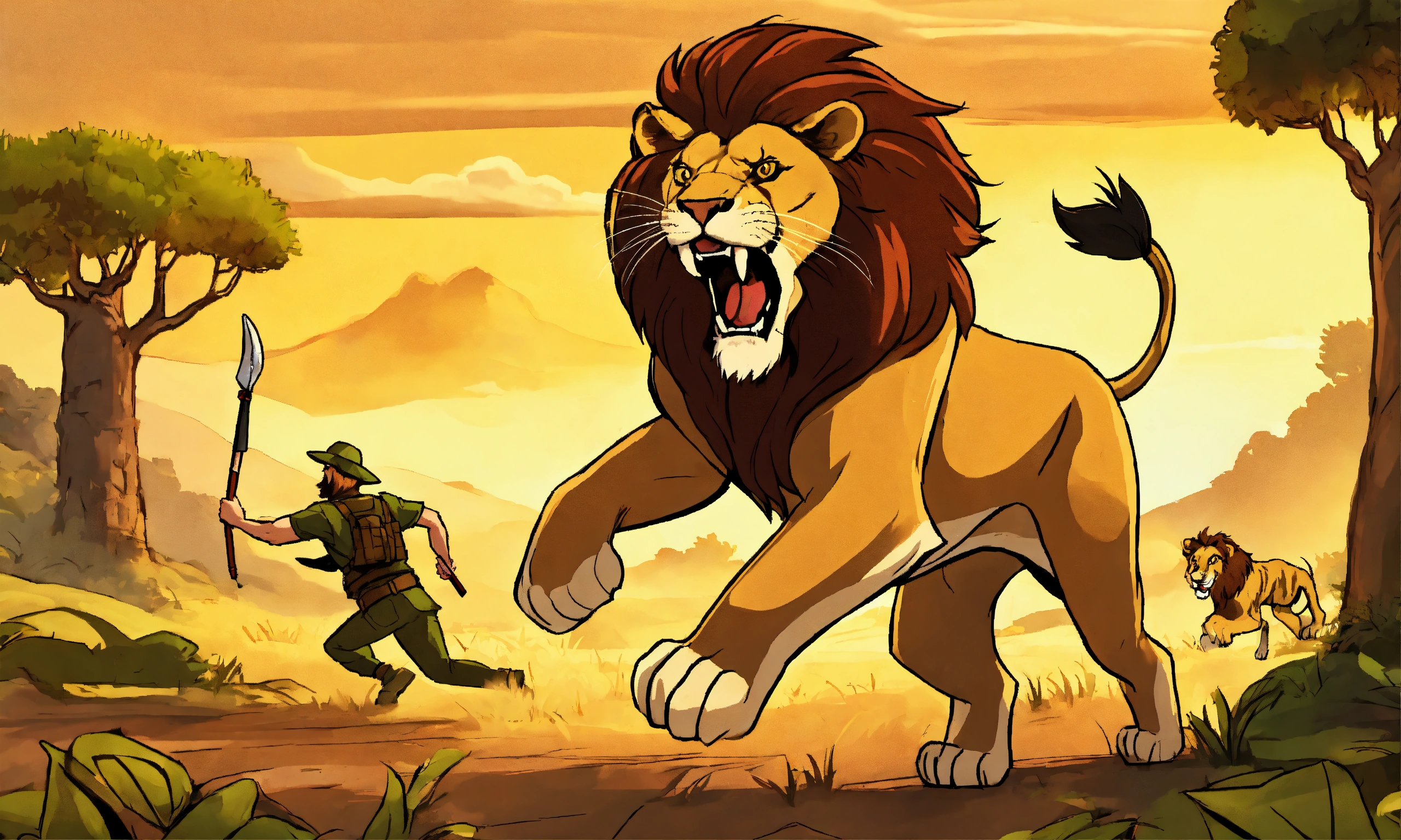 Lexica - Cartoon lion chasing attacking men hunters