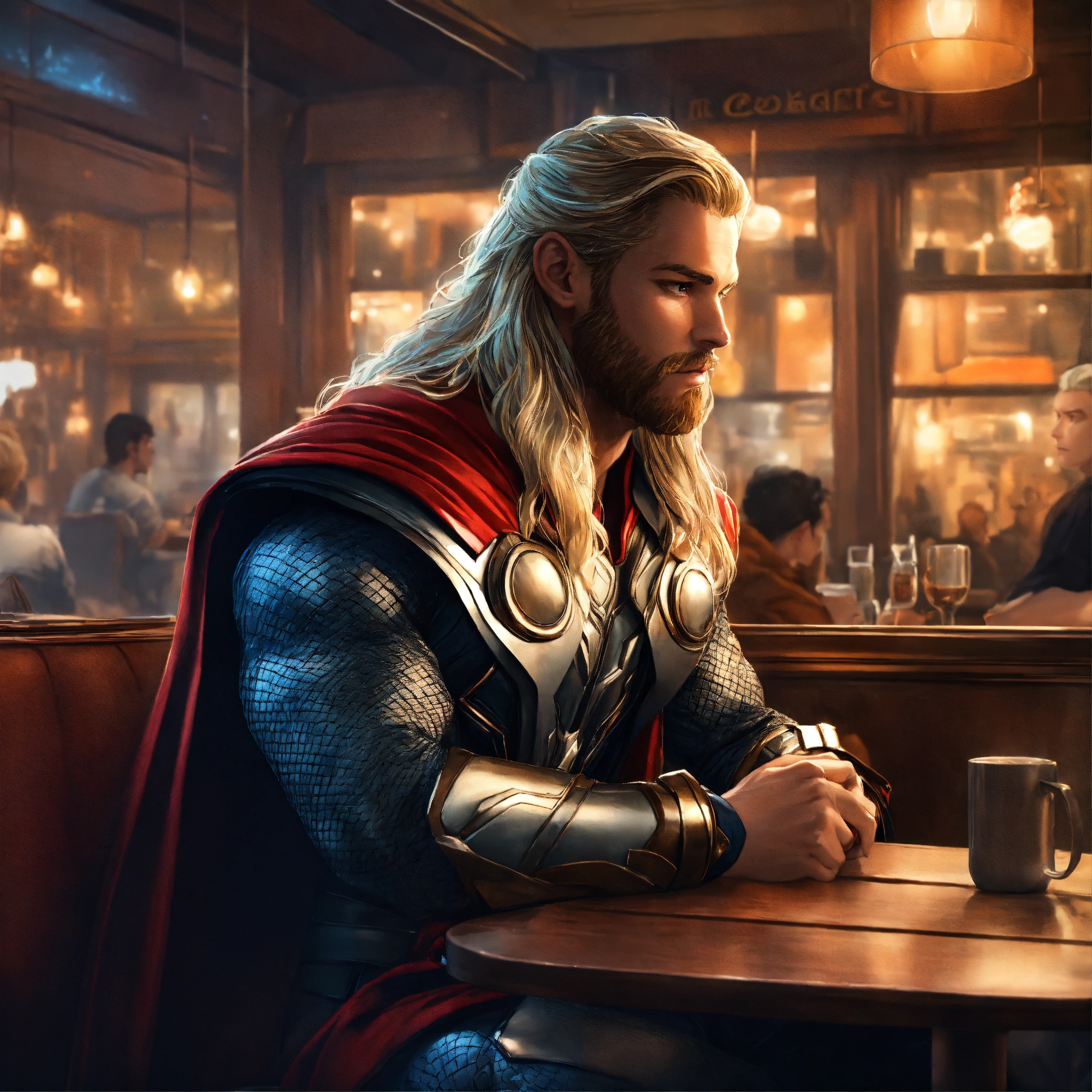 Lexica - Artgerm, Thor sitting at a cosy diner, having a coffee, vain ...