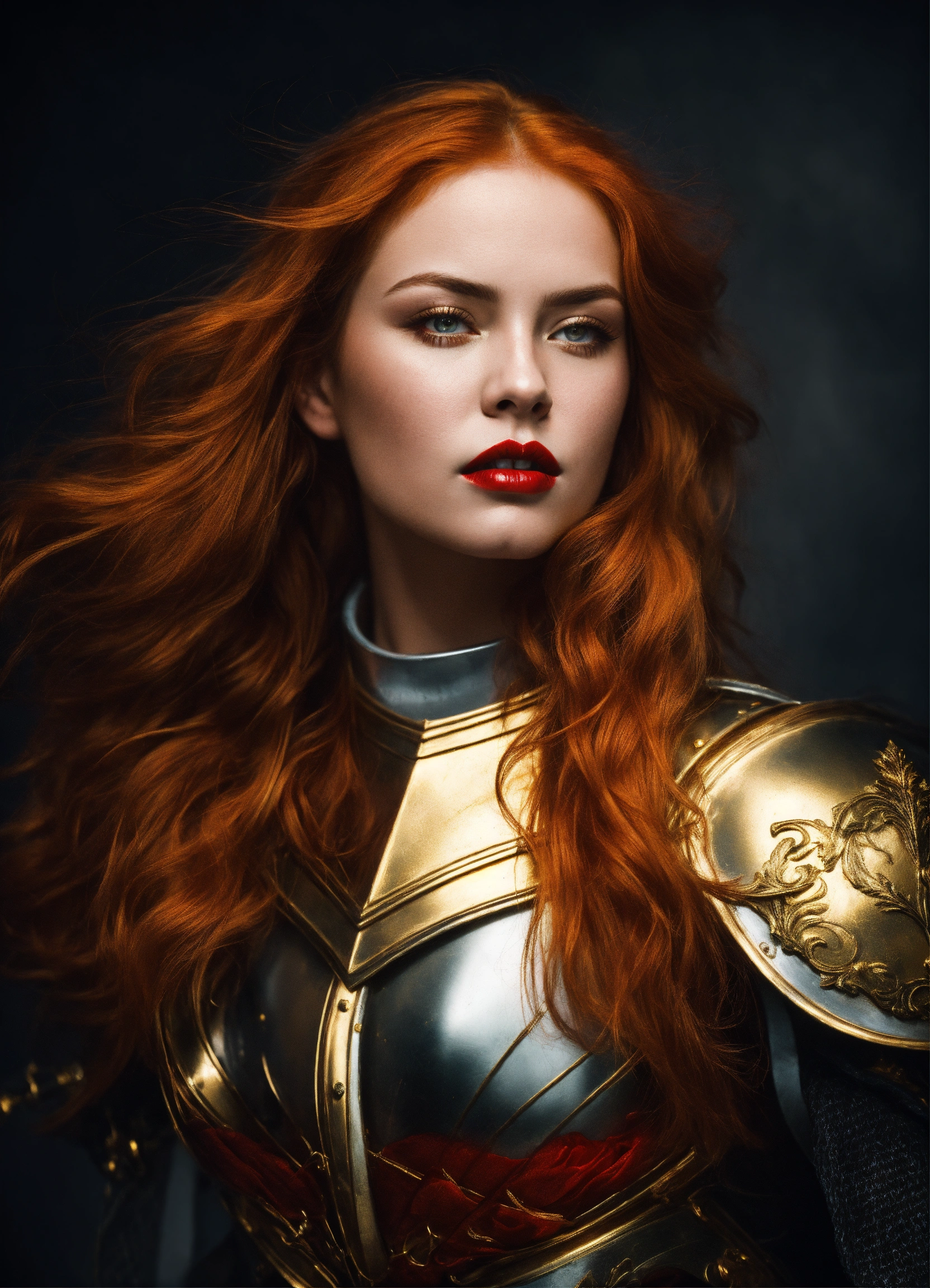 Lexica - Photo quality portrait of mighty female knight with flowing ...