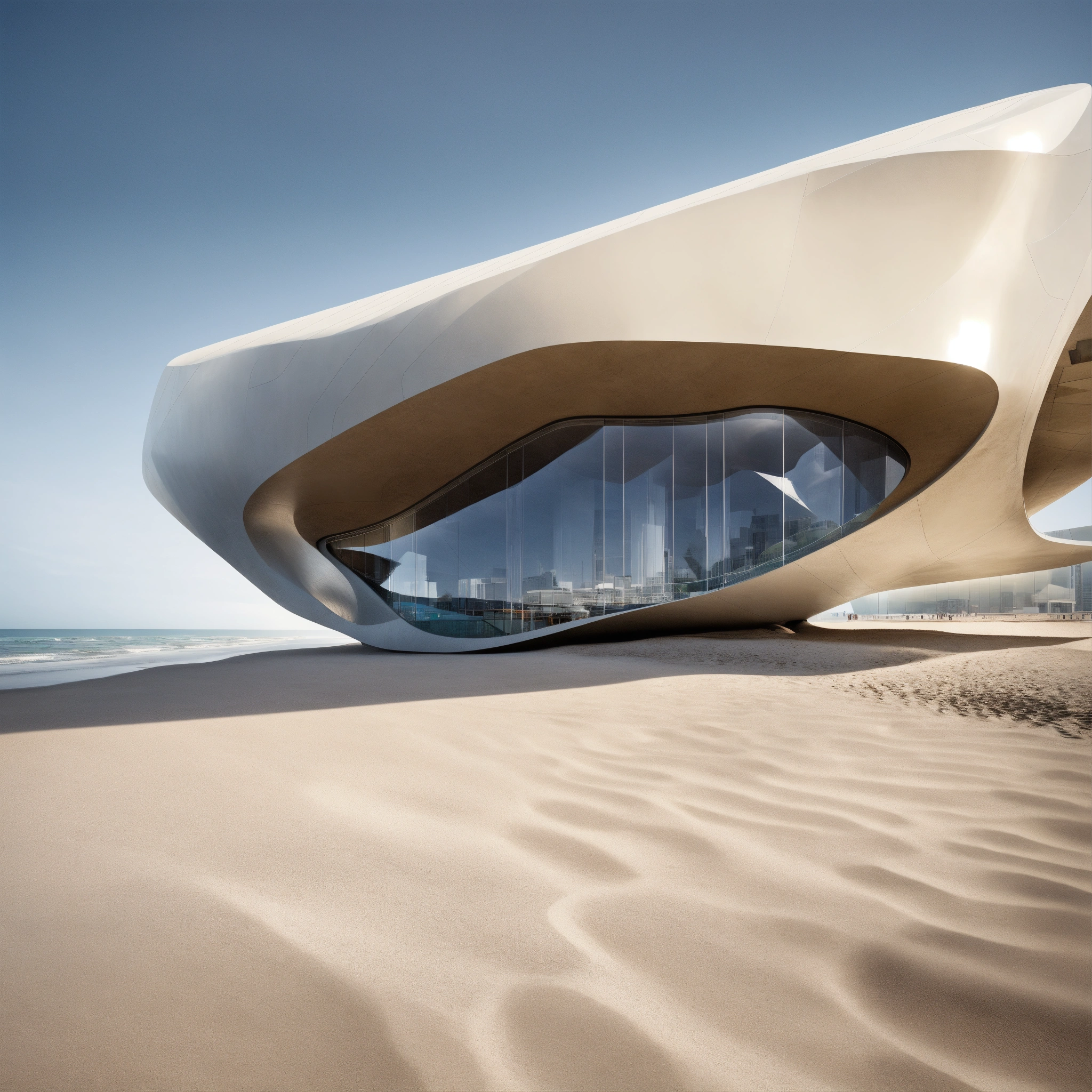 Lexica - Zaha Hadid minimalist skyscraper at the beach made of diamond.