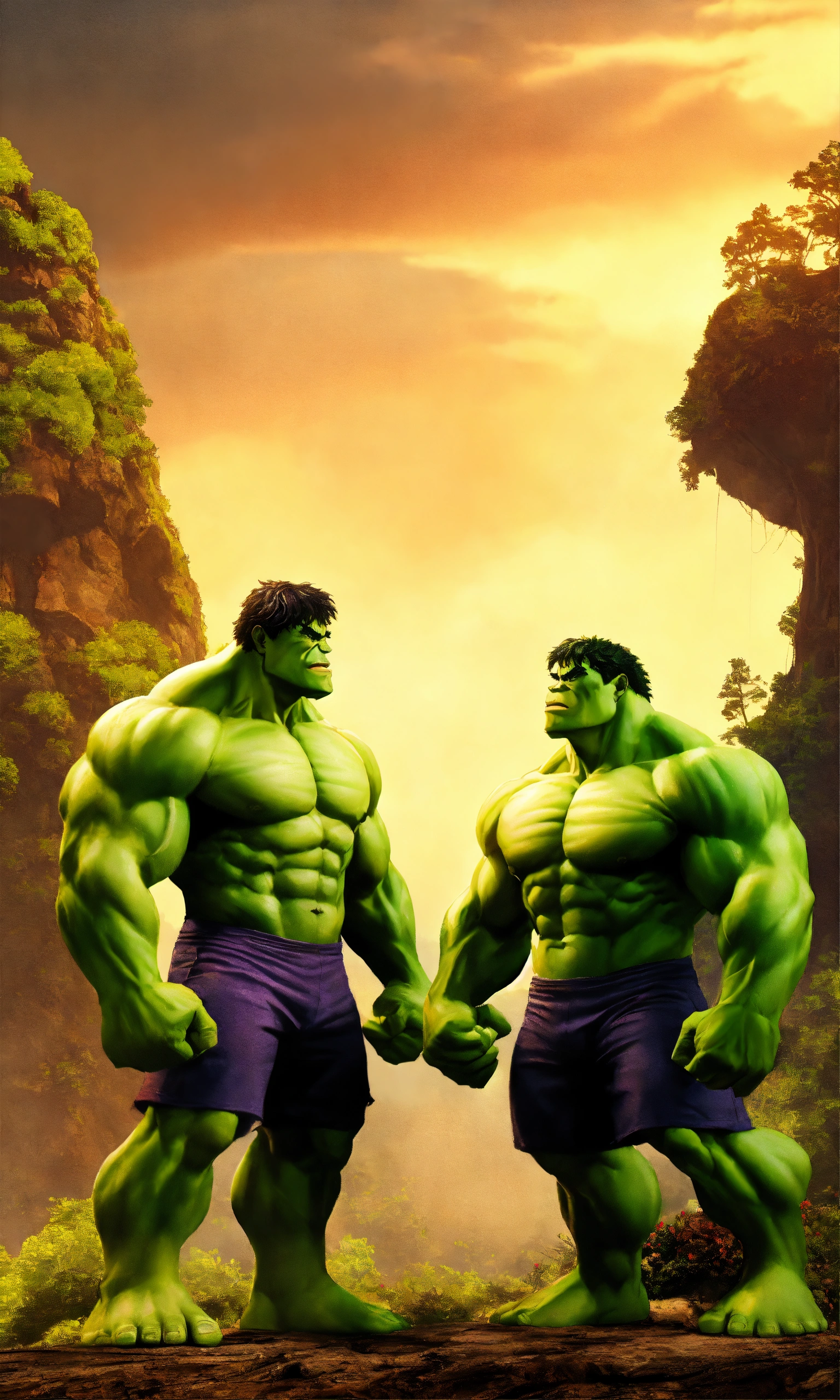 Lexica - 3 Hulk standing together, nature background, 2D render