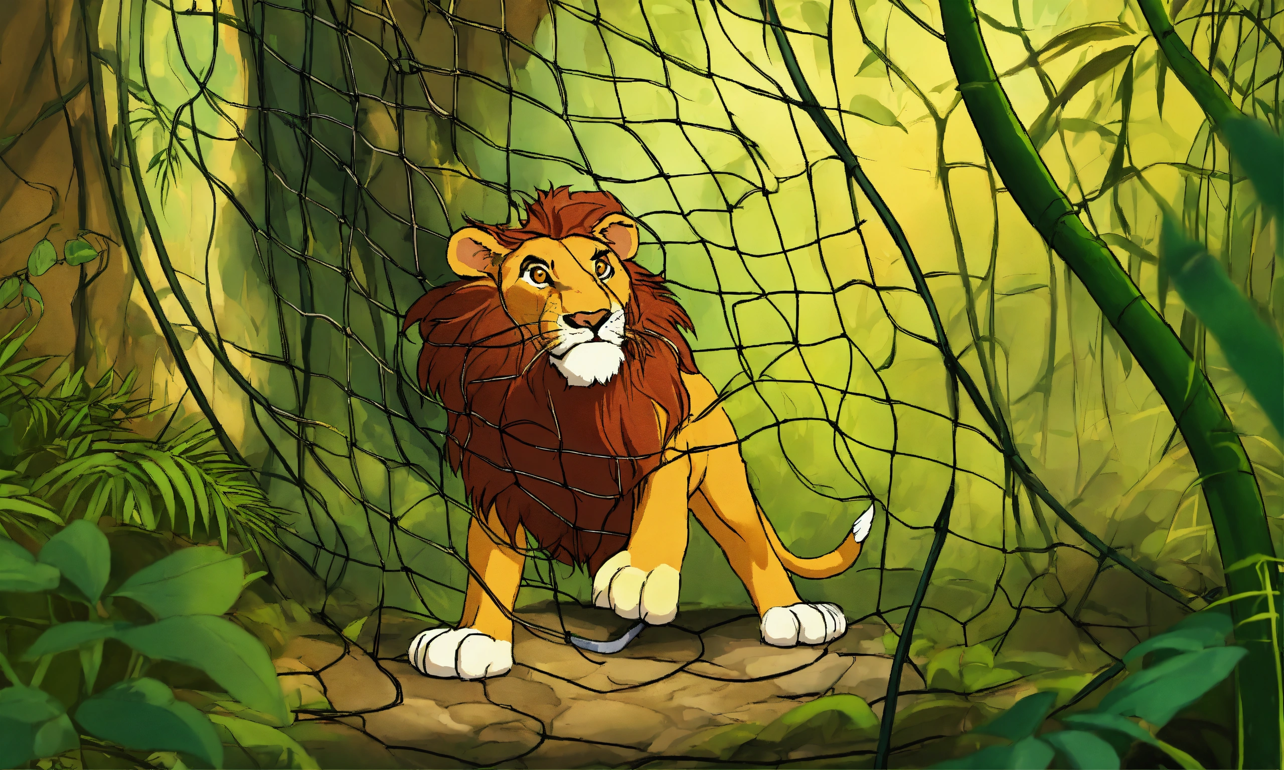 Lexica - Cartoon in jungle when lion trapped, with mouse sharp teeth ...