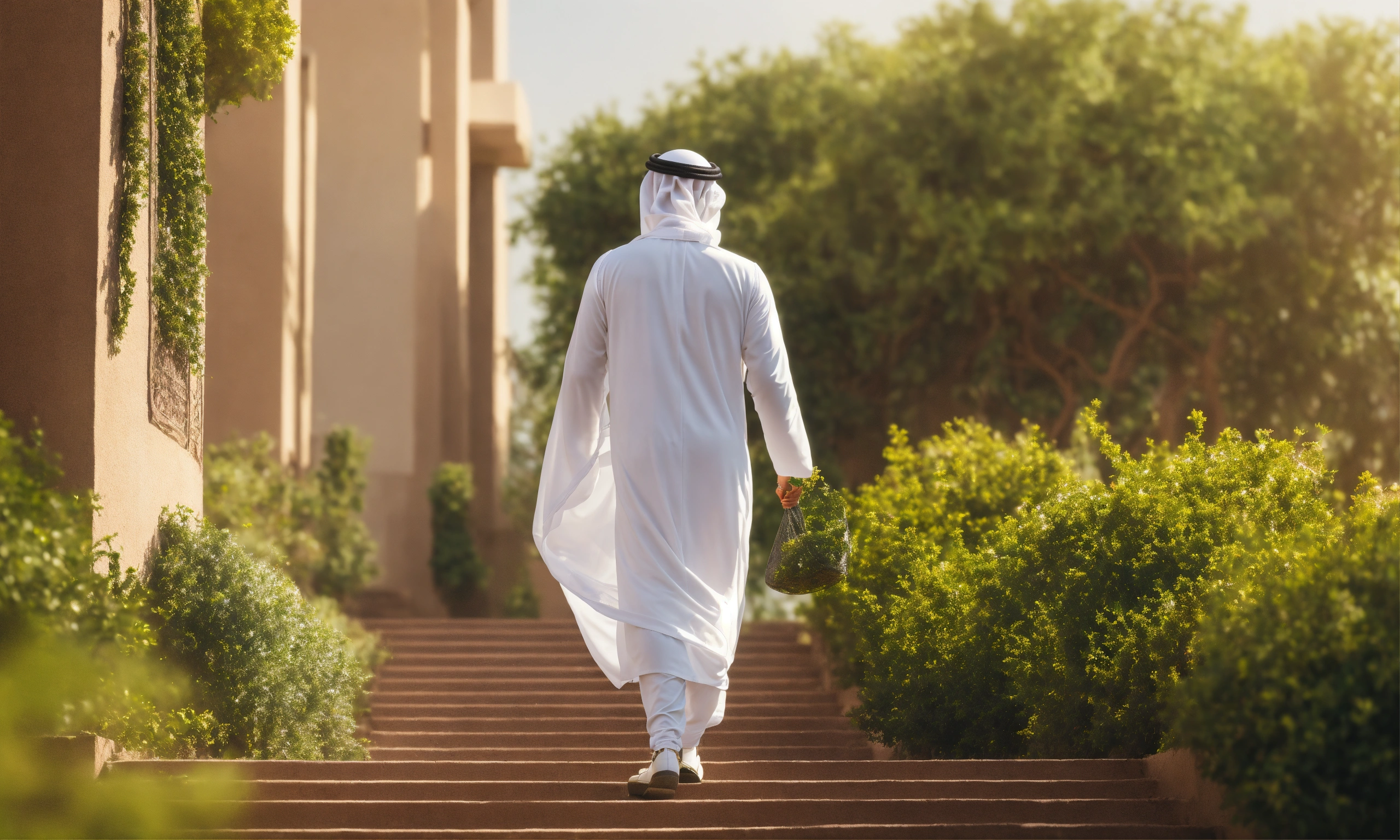Lexica - Saudi man climbing up six steps only, white costume, photo ...