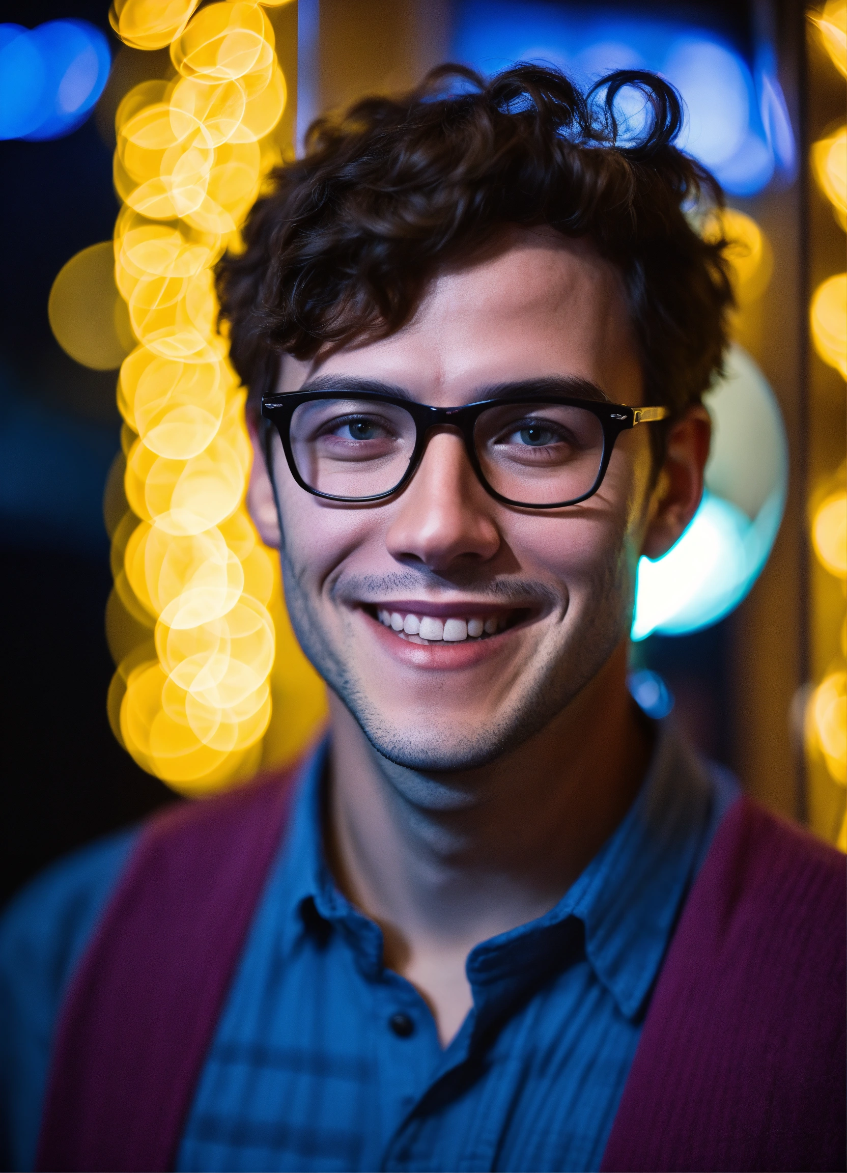 Lexica - Portrait of a smiling nerdy man, front view, purpel and blue ...