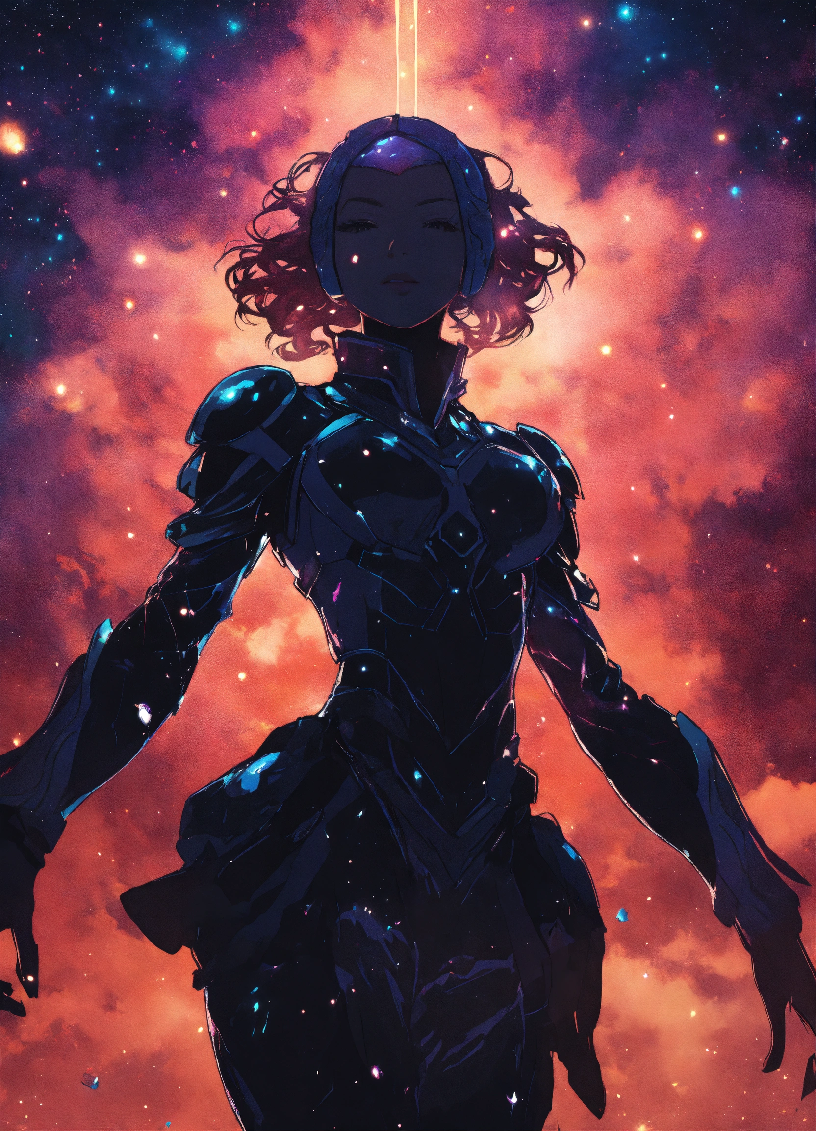 Lexica - Silhouette of cosmic sorceress, nebula armor, suspended in air ...
