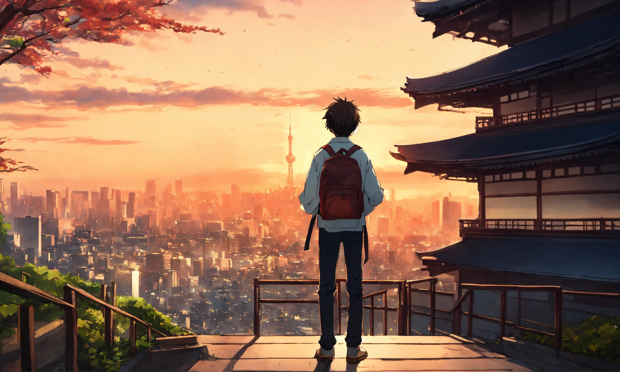 Lexica - A back view of a teenager school boy discovering Tokyo. Anime ...