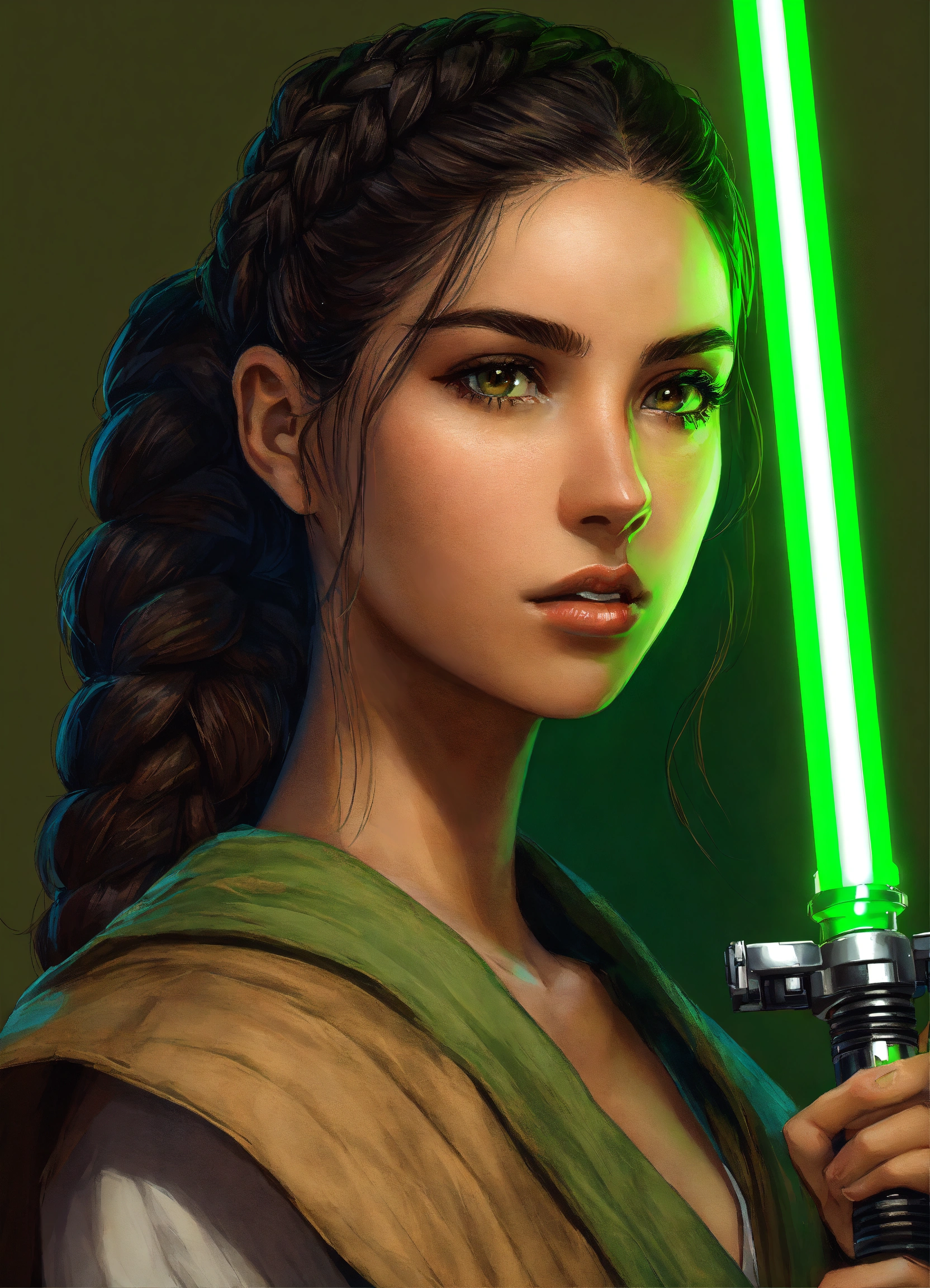 Lexica - Young woman, jedi knight, holding two green lightsabers, olive ...