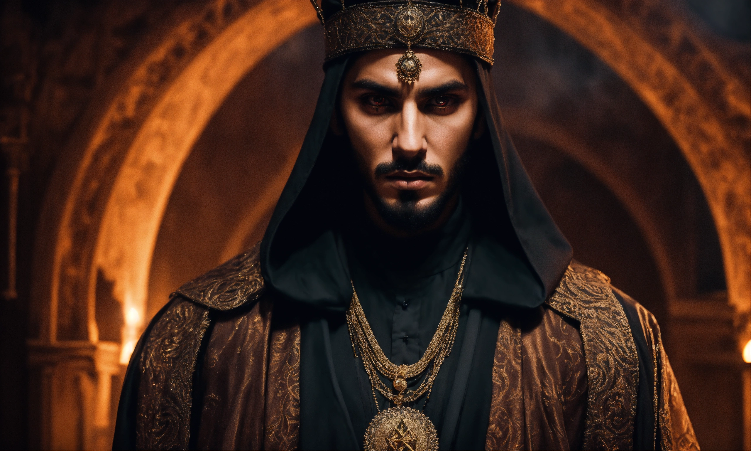 Lexica - Sinister and dramatic portrait of a young handsome Arabic evil ...