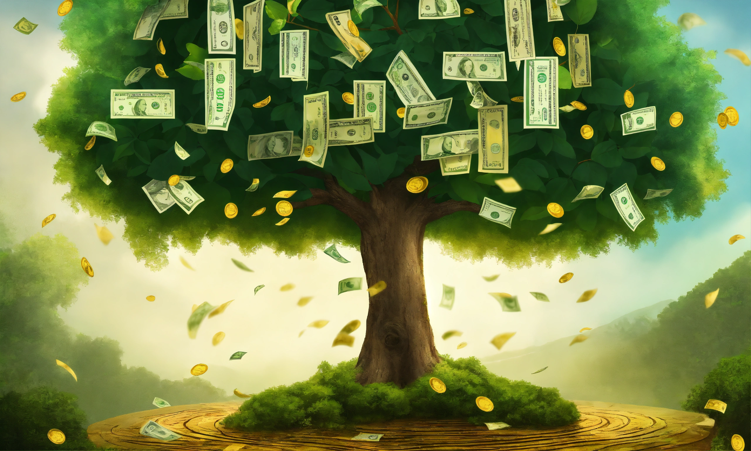 Lexica - Flourishing tree, Dollar bills as leaves, Rich canopy, Strong ...