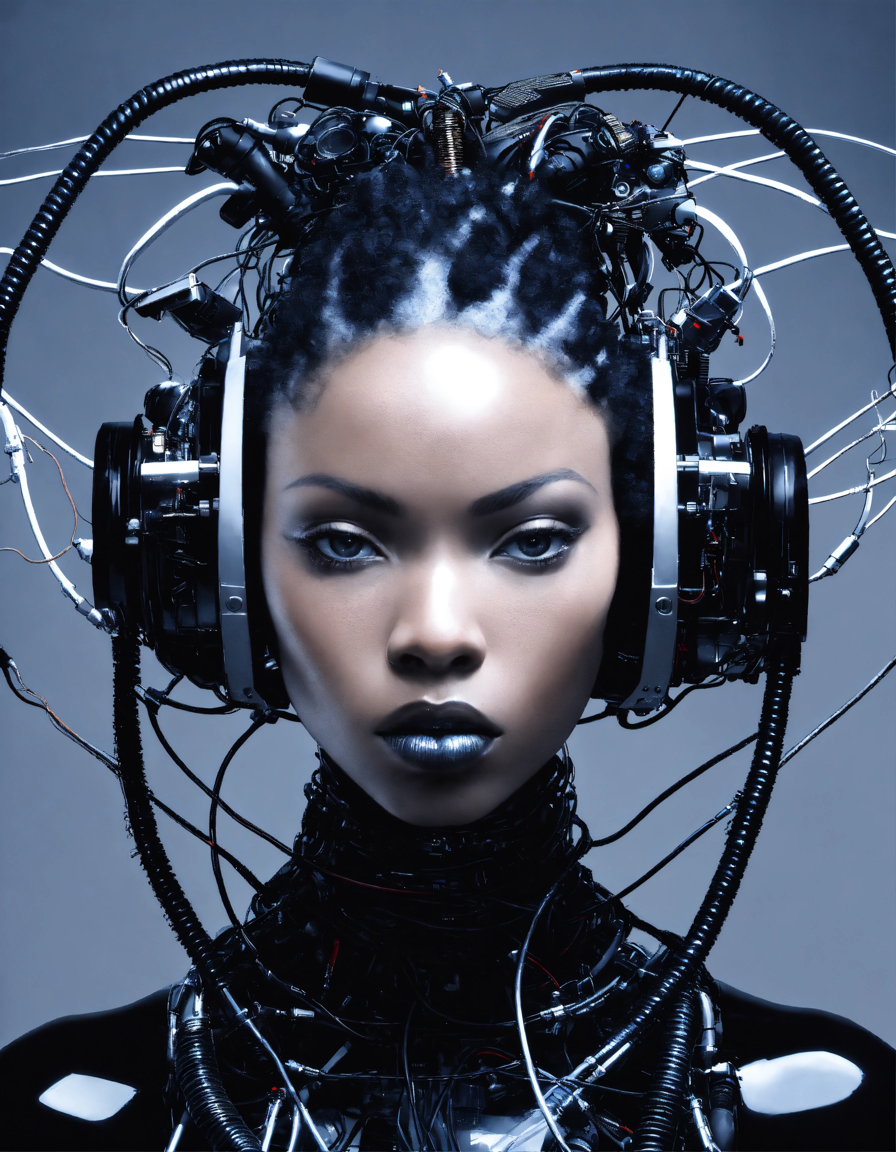 Lexica - Portrait Photography, in front of cables and wires, a black ...