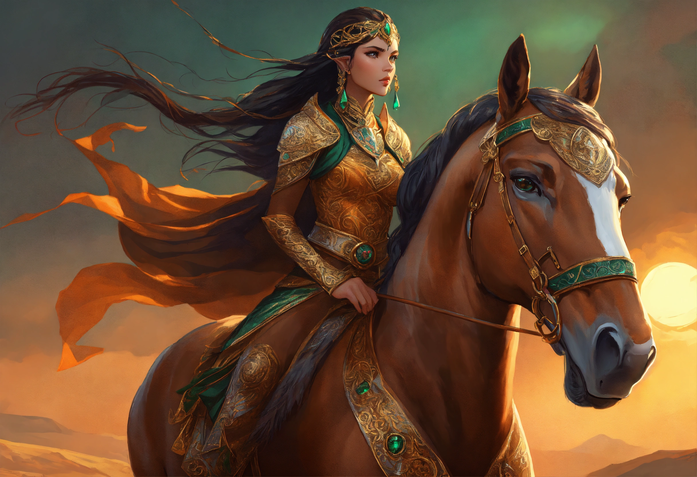 Lexica - Gorgeous Persian elf female warrior riding large brown horse ...