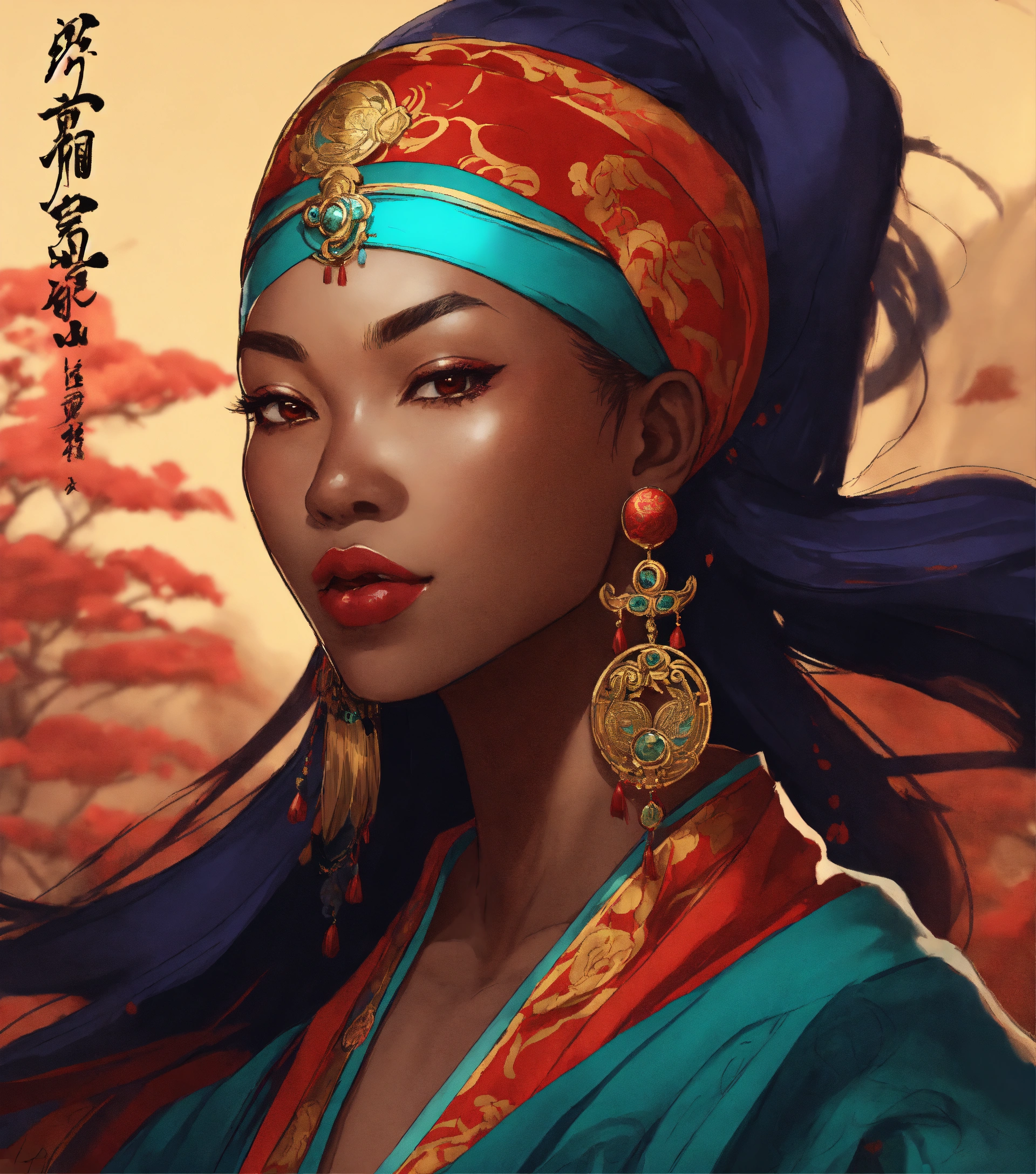 Lexica - An African woman cultivator in jewel tone flowing robes, drawn ...