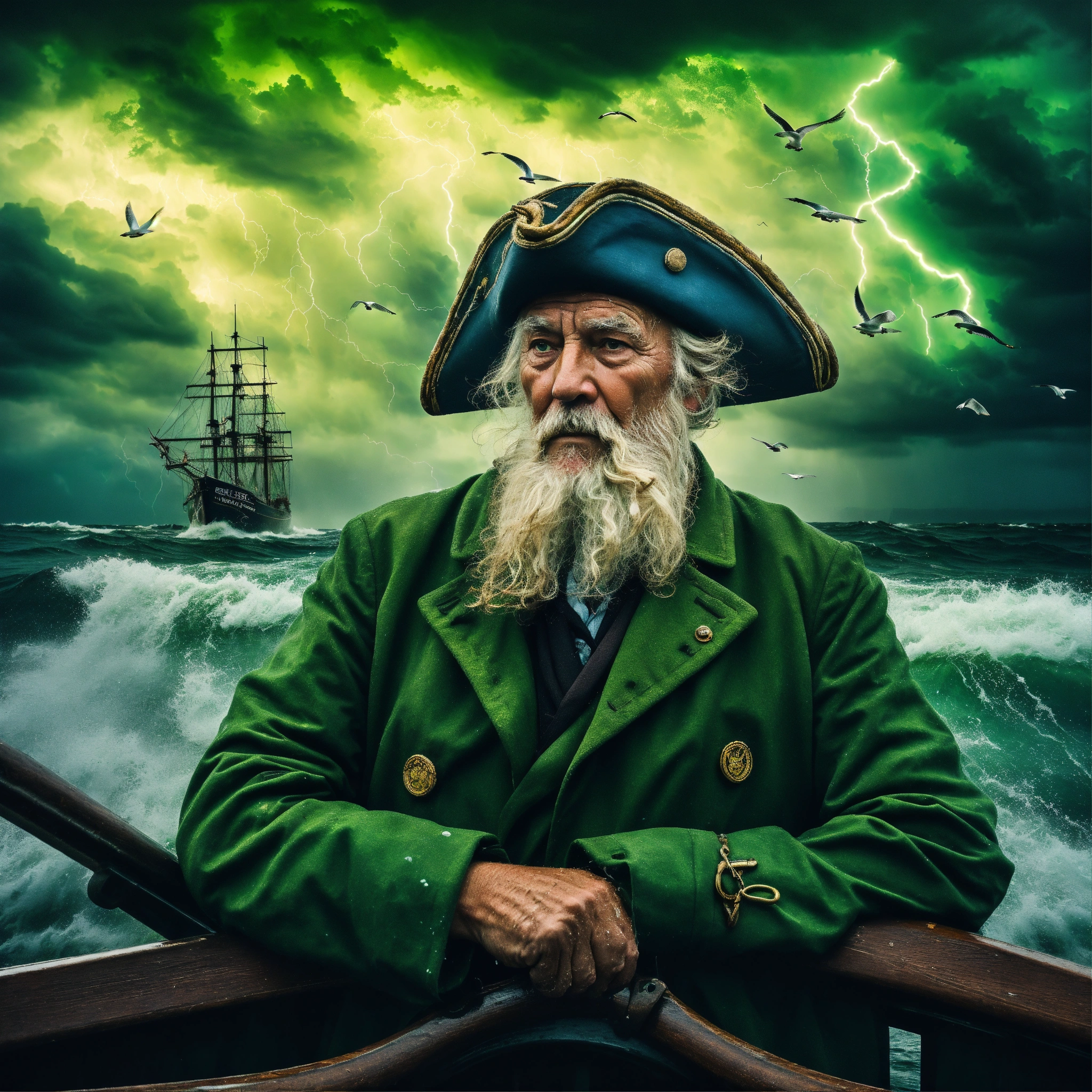 Lexica - Determined old sea captain, weathered face, steering his ship ...