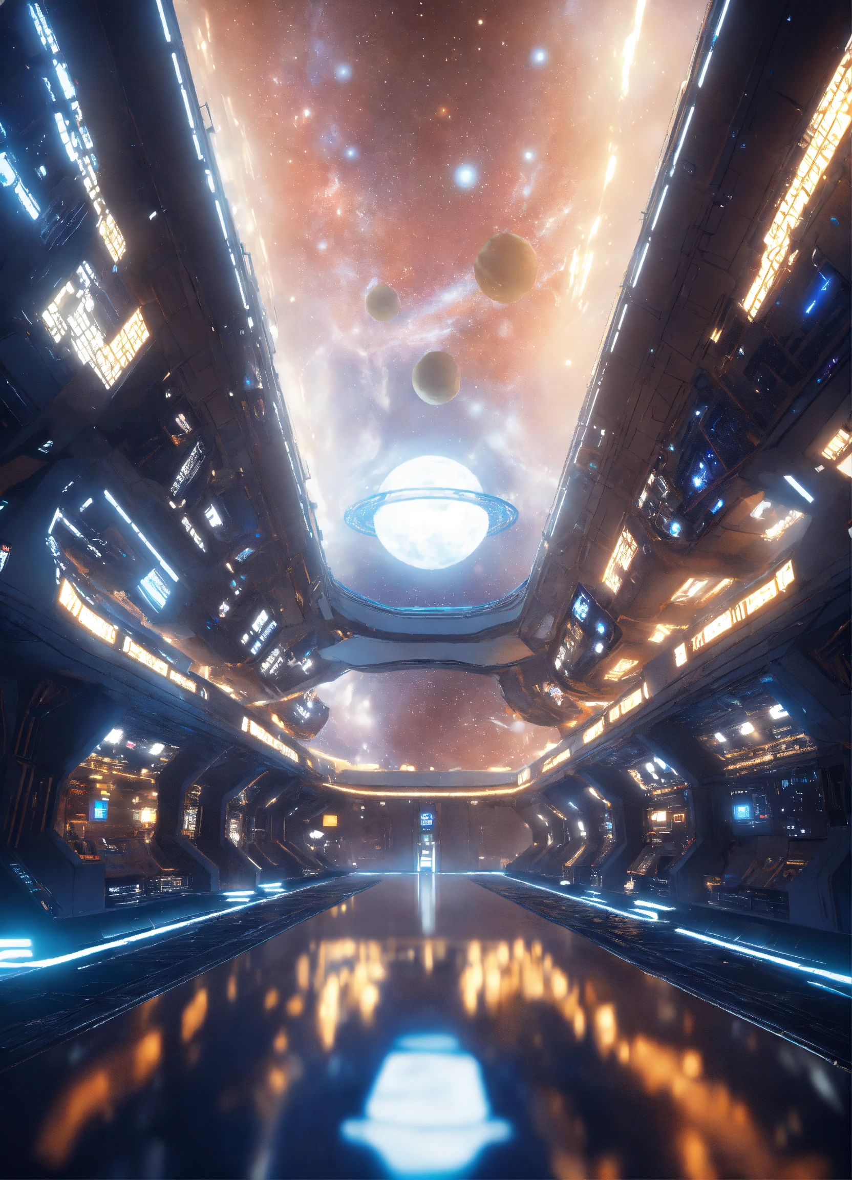 Lexica - Beautiful white spaceport flying floating in deep space ...