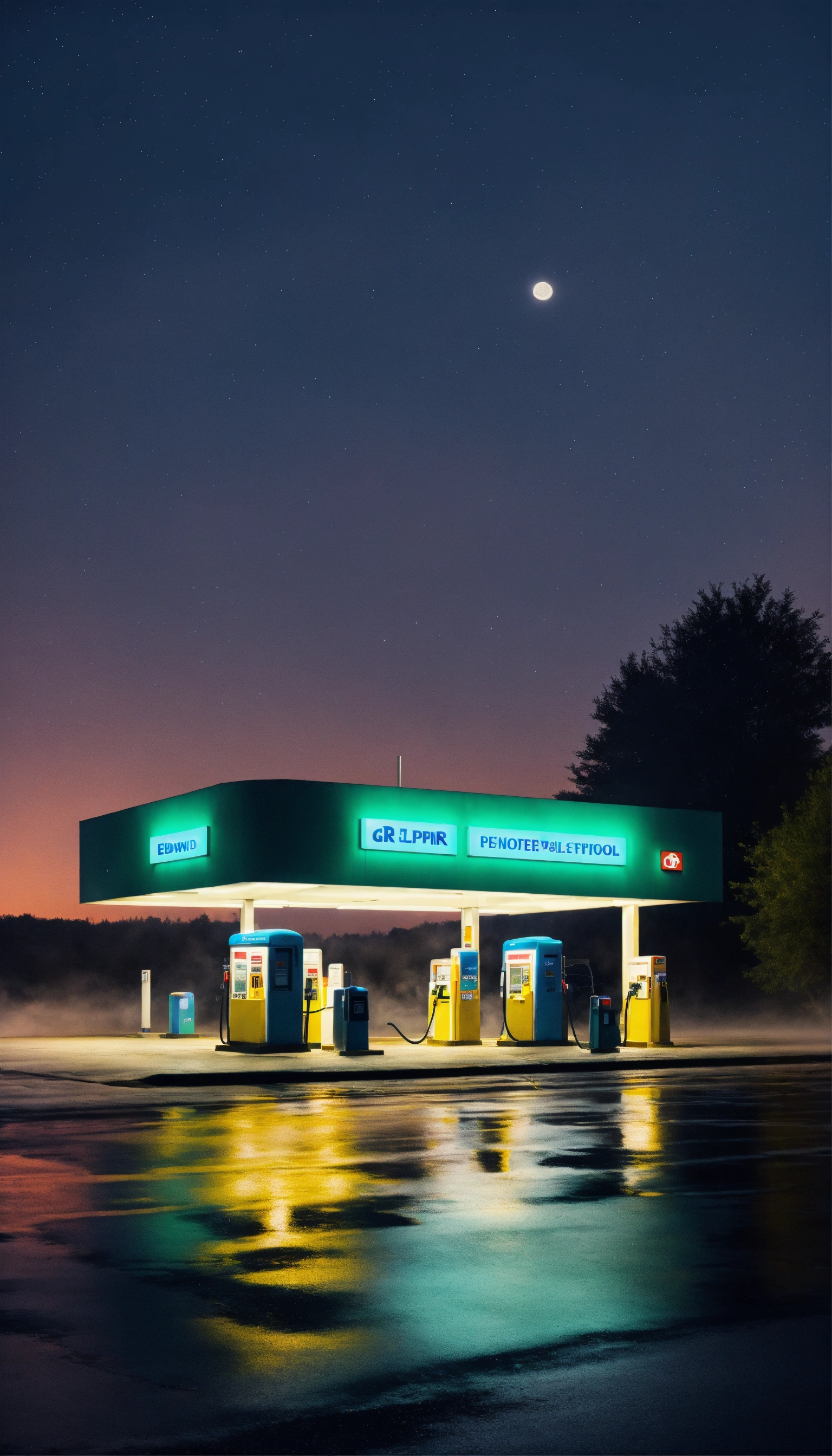 Lexica - Remote petrol station at night in light mist edward hopper style