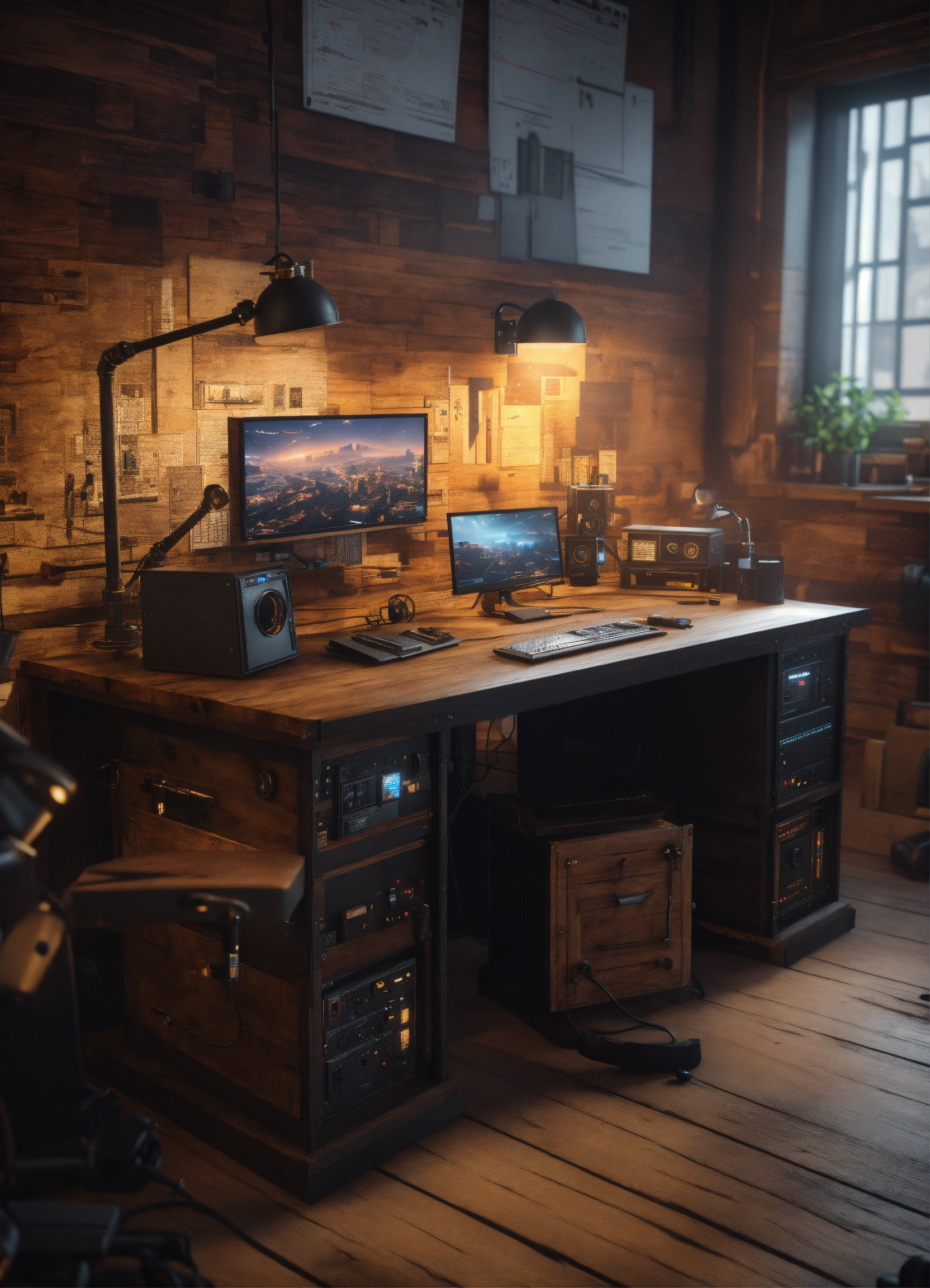 Lexica - A dark industrial wood desk, with very monitors,very ...