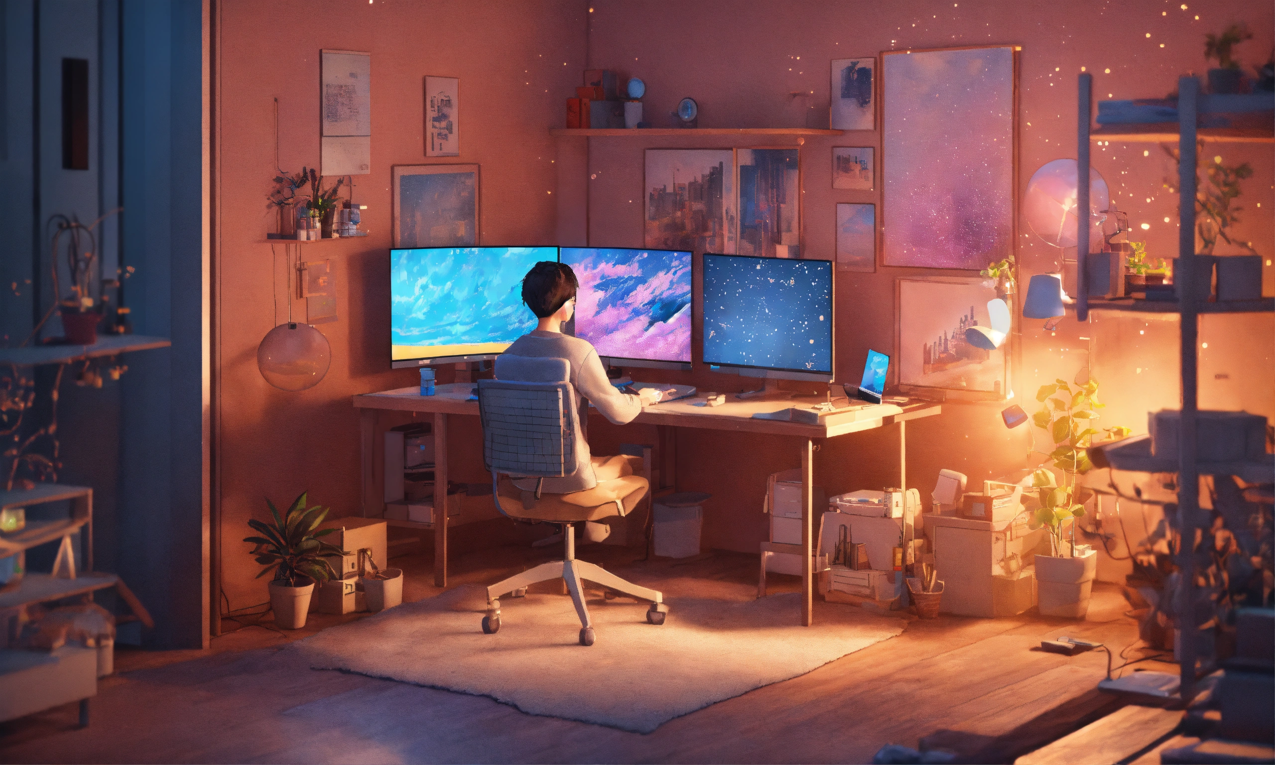 Lexica - A programmer in front of his computer station, cozy and messy ...