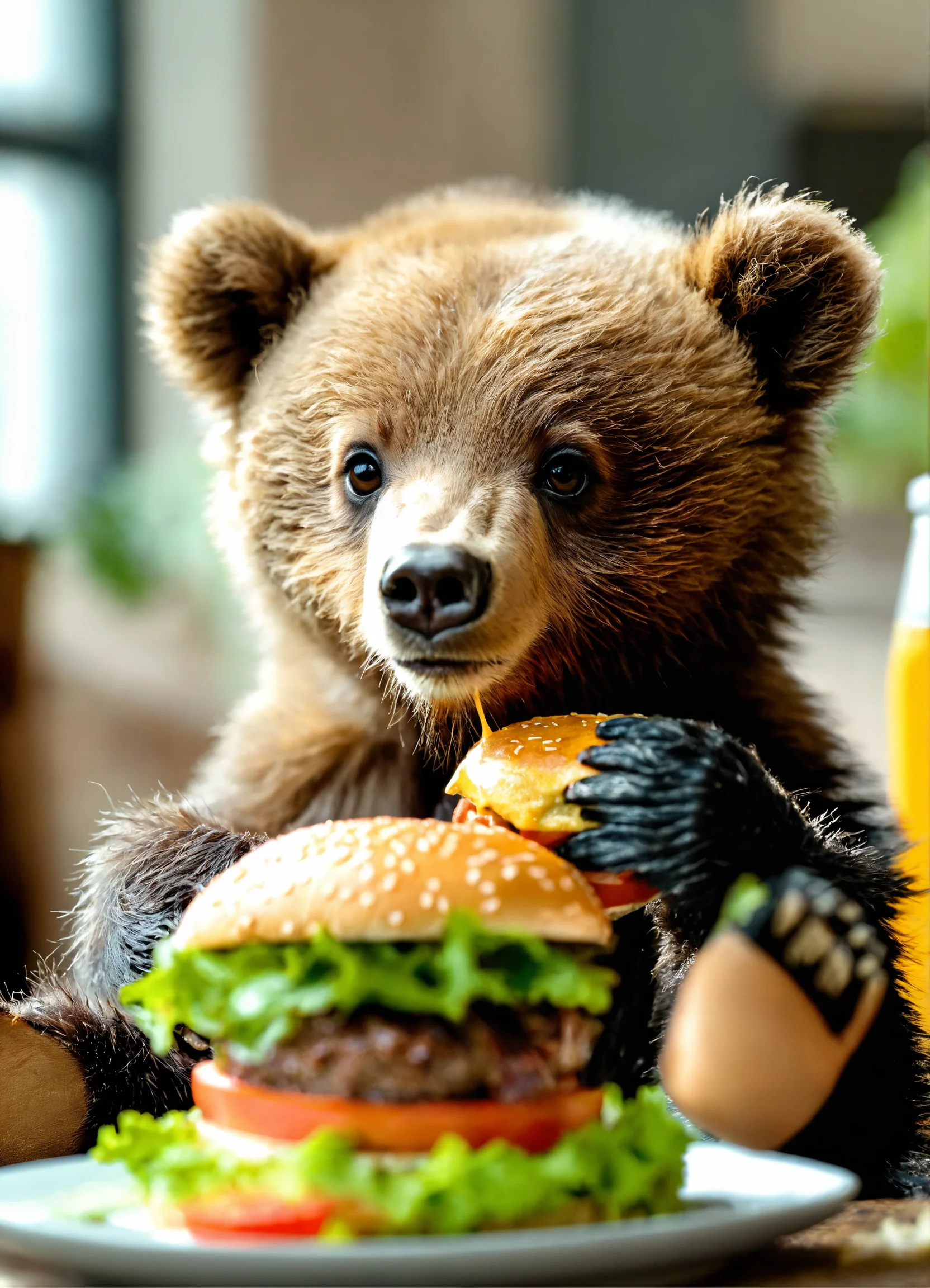 Lexica - A cute baby bear eating big burger at home. the expression has ...