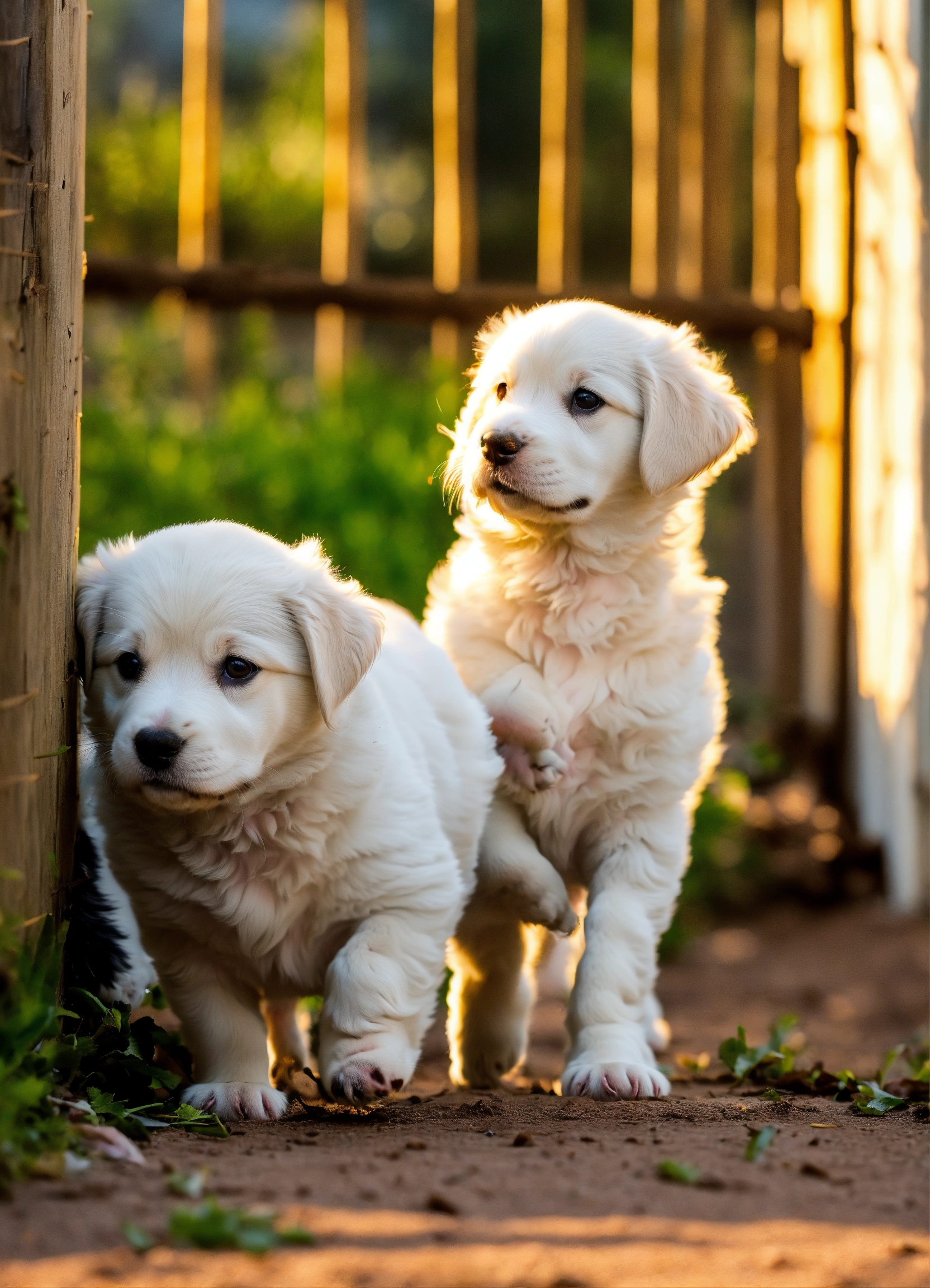 Lexica - Five white puppies run after a chicken and collide with a fence