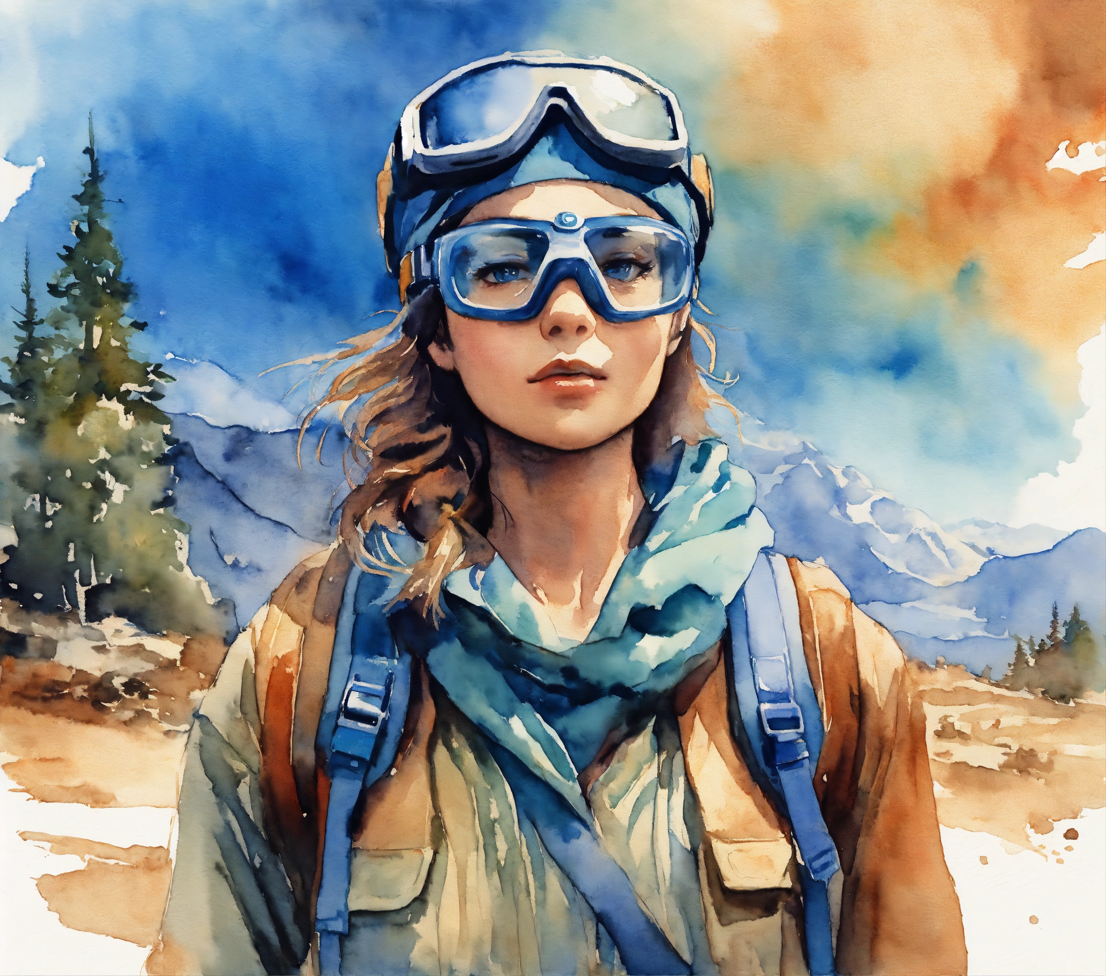 Lexica - Beautiful watercolor style blue, adventurer with googles ...